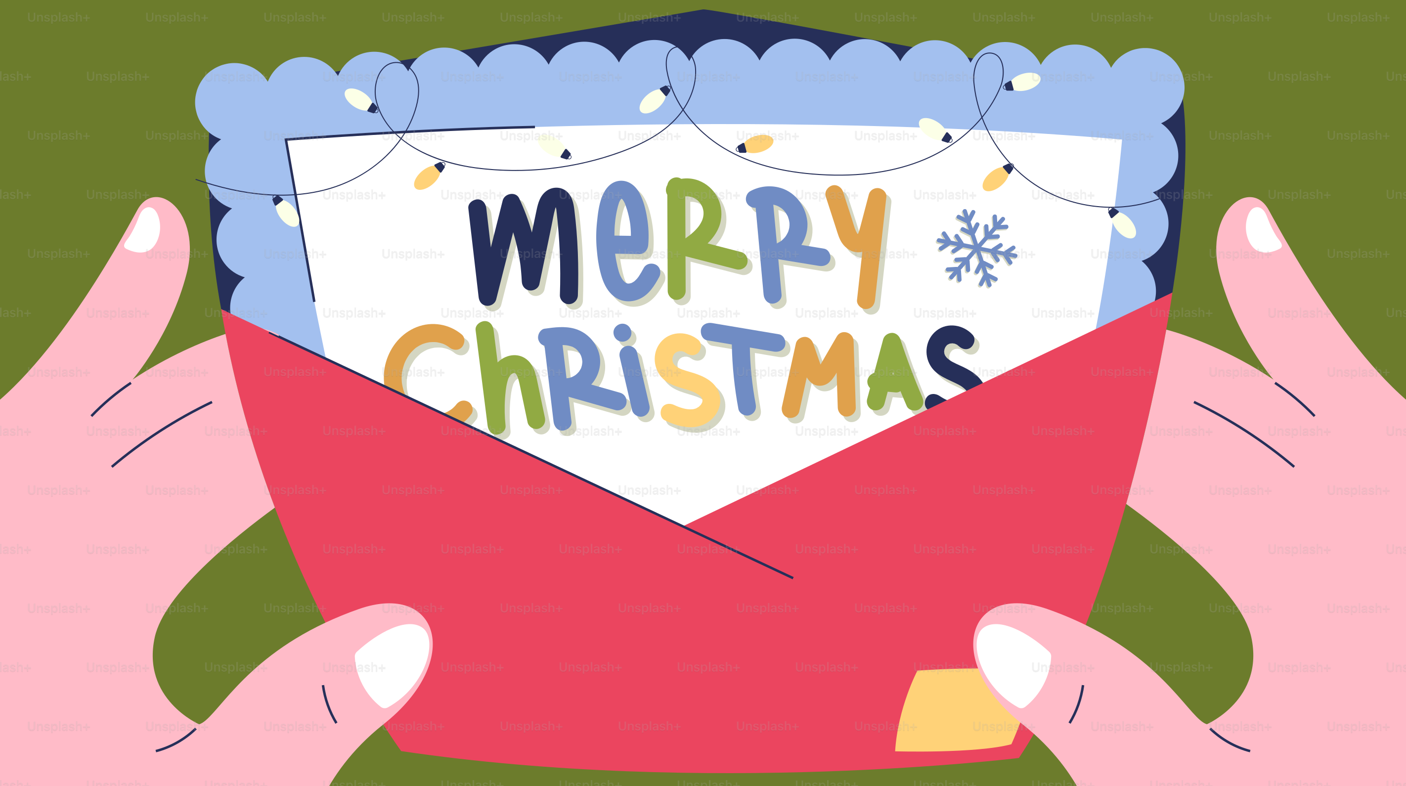 Hands holding a merry christmas card with lights. vector – Illustration ...