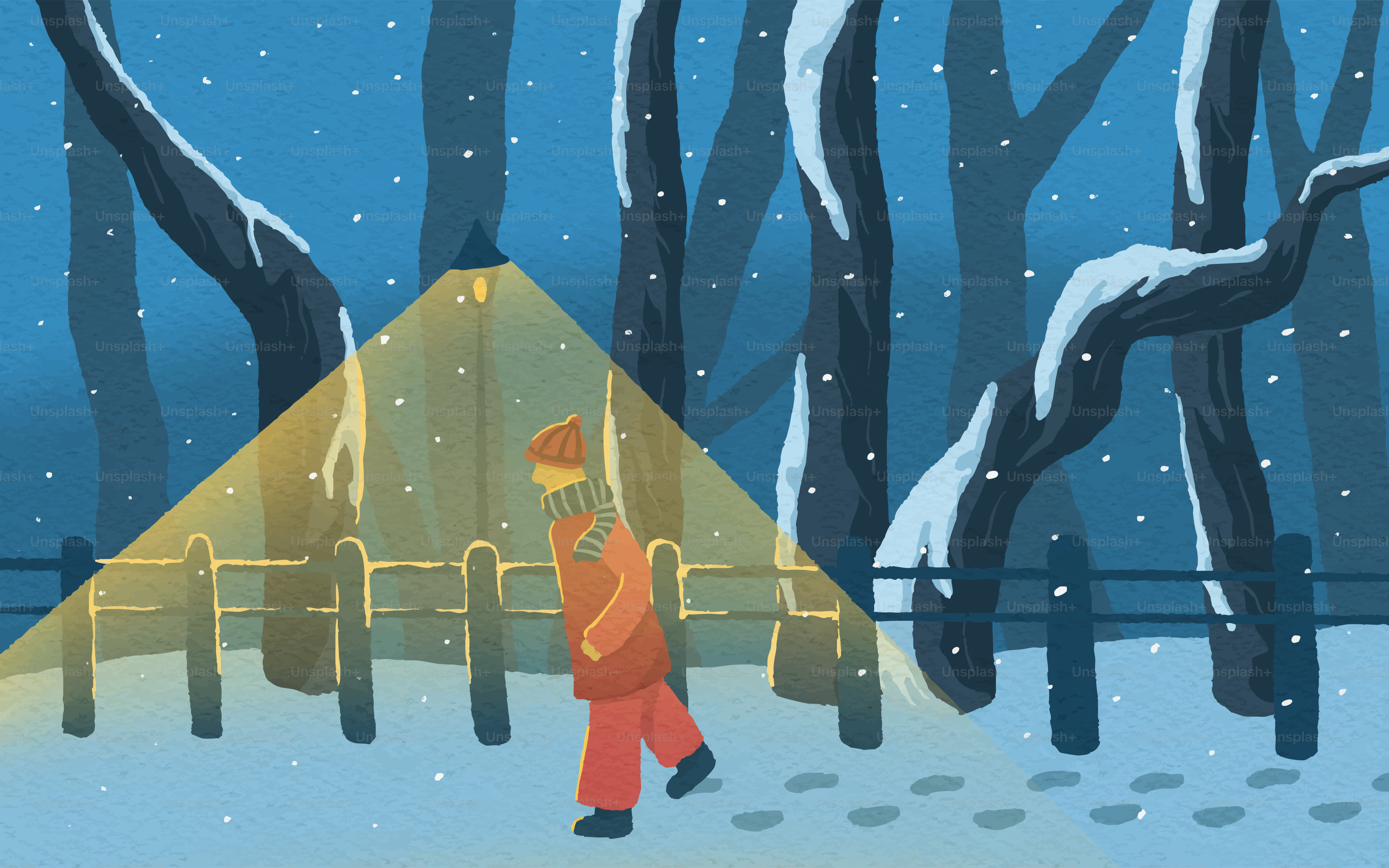 Vektor Jalan setapak bersalju mengarah ke kabin yang nyaman saat senja ...