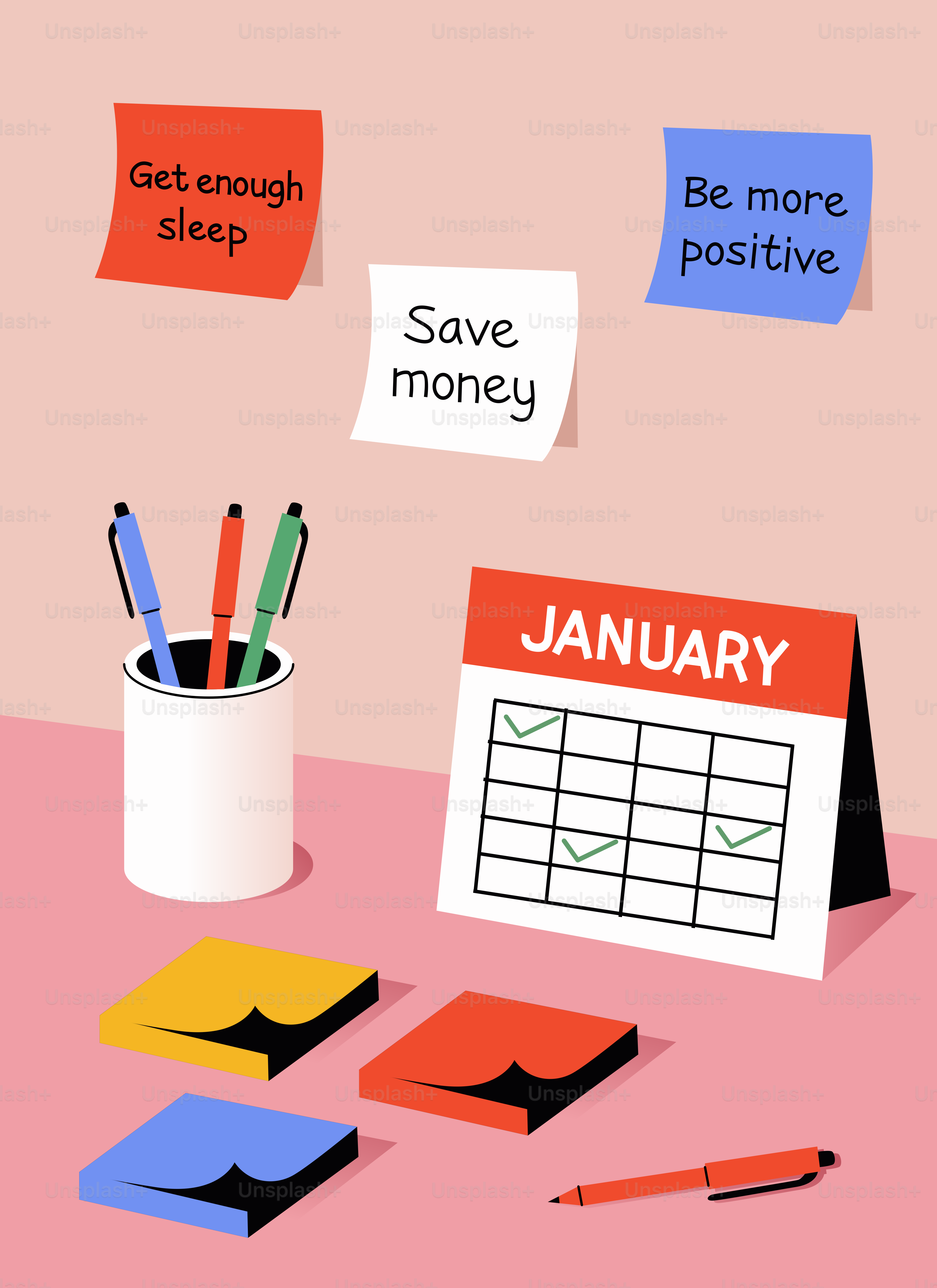 Vektor Tulisan tangan di buku catatan dengan kalender, uang, dan koin ...