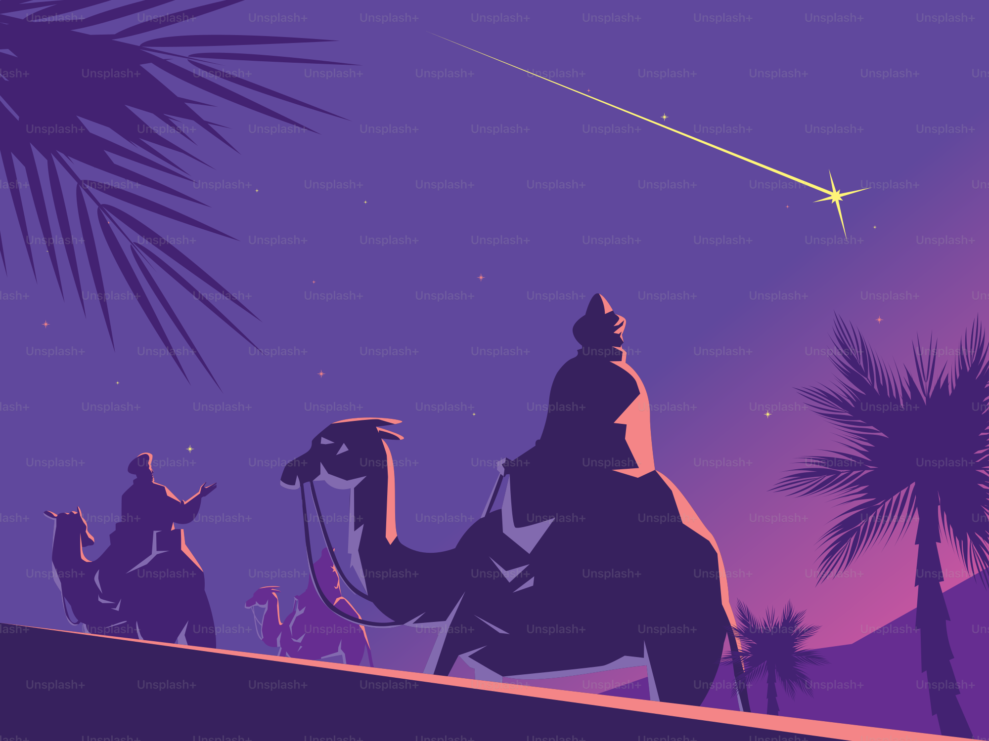 Three wise men follow star across desert at night. vector – Christmas ...