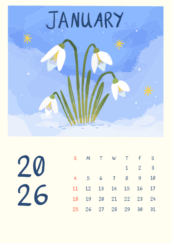 January calendar with snowdrops in snow vector – Illustration Image on ...