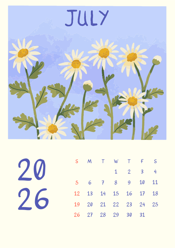 July calendar with daisies and blue sky vector – Illustration Image on ...
