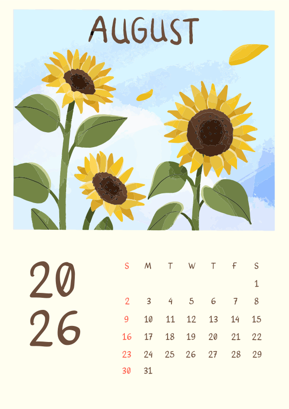 August calendar with sunflowers and blue sky vector – Flower Image on ...