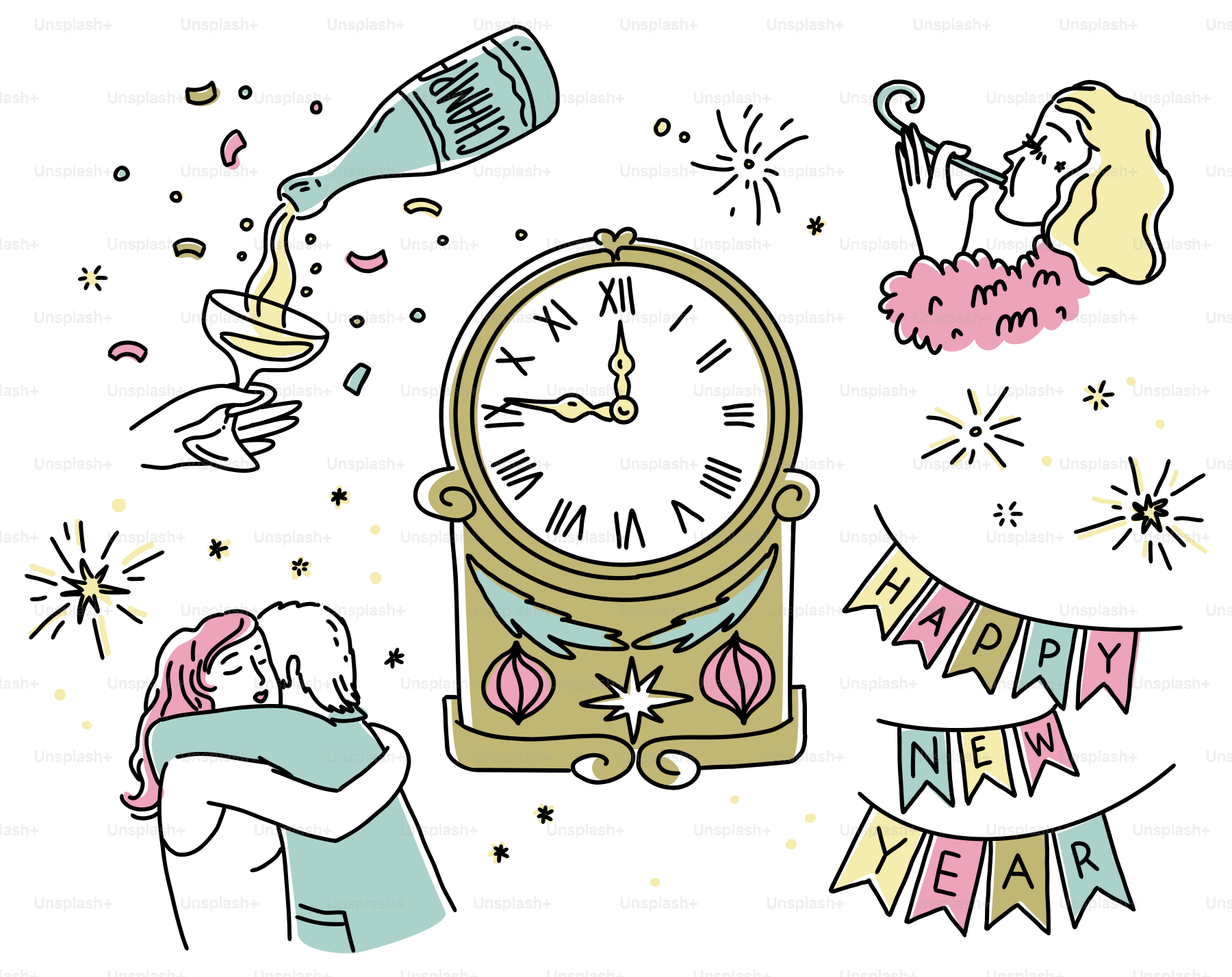 Vektor Elemen perayaan malam tahun baru dengan jam dan pasangan ...