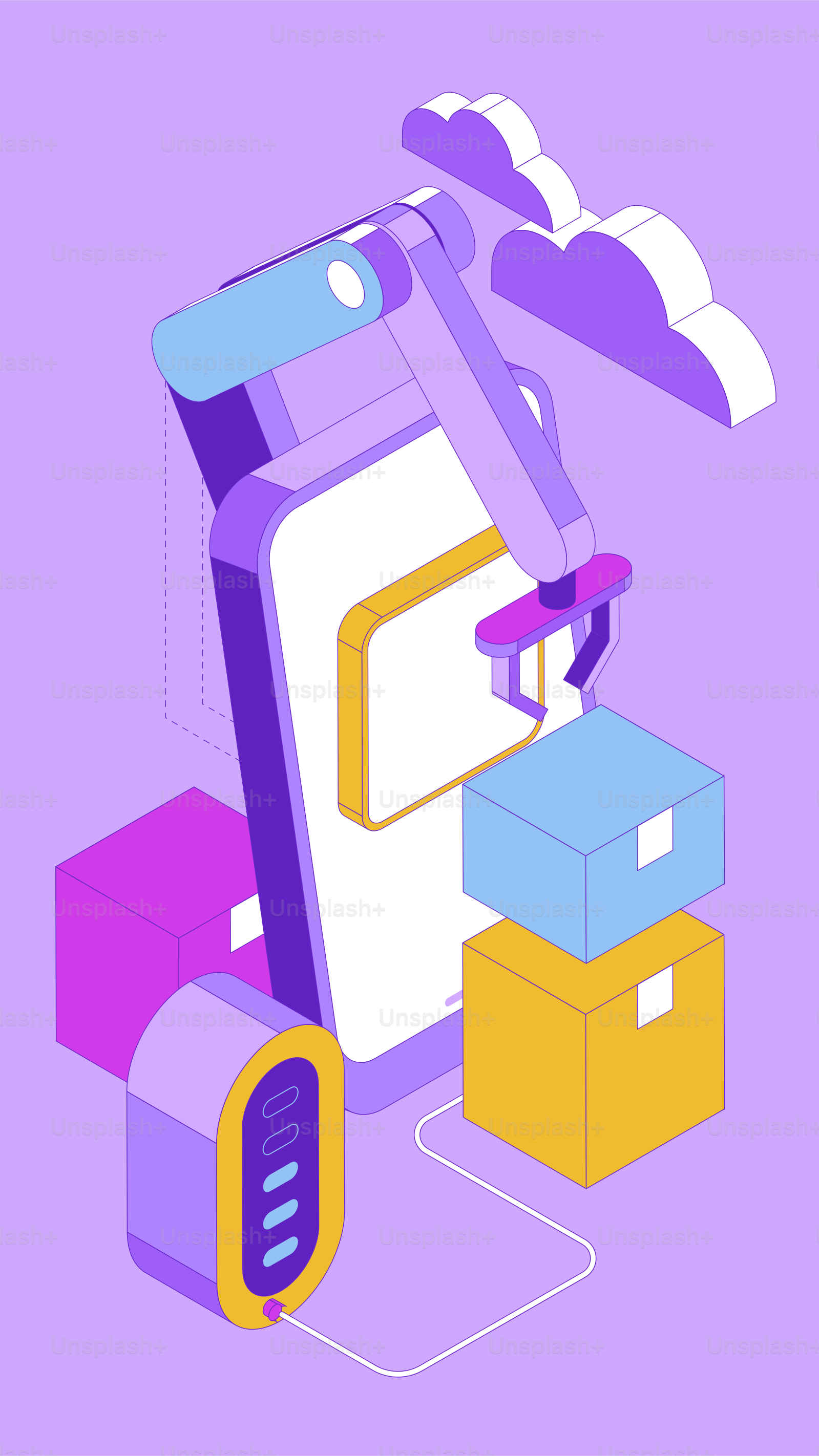 Robotic arm stacking boxes next to a phone. vector – Technology Image ...