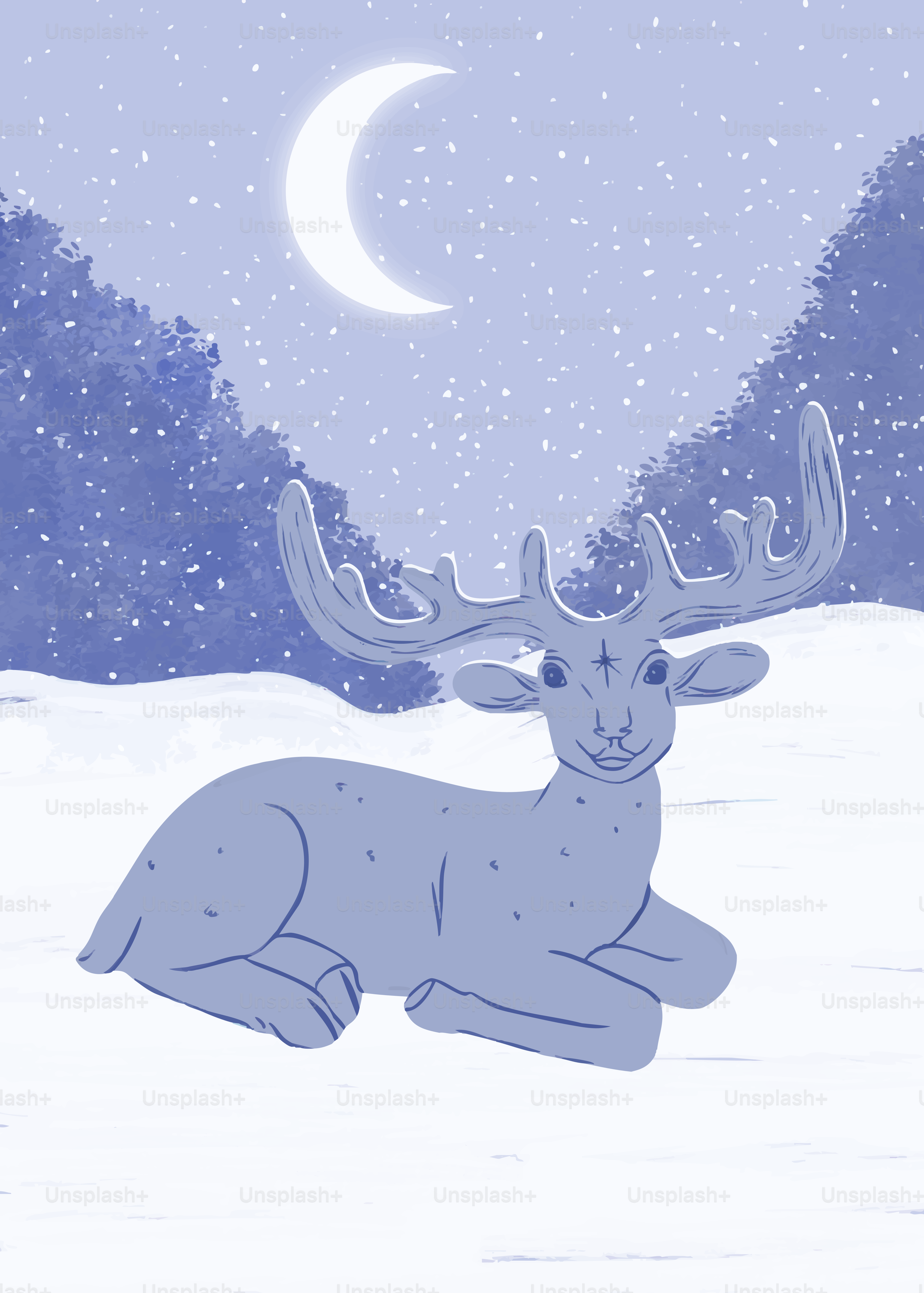 A reindeer rests in the snow under a crescent moon. vector – Forest ...