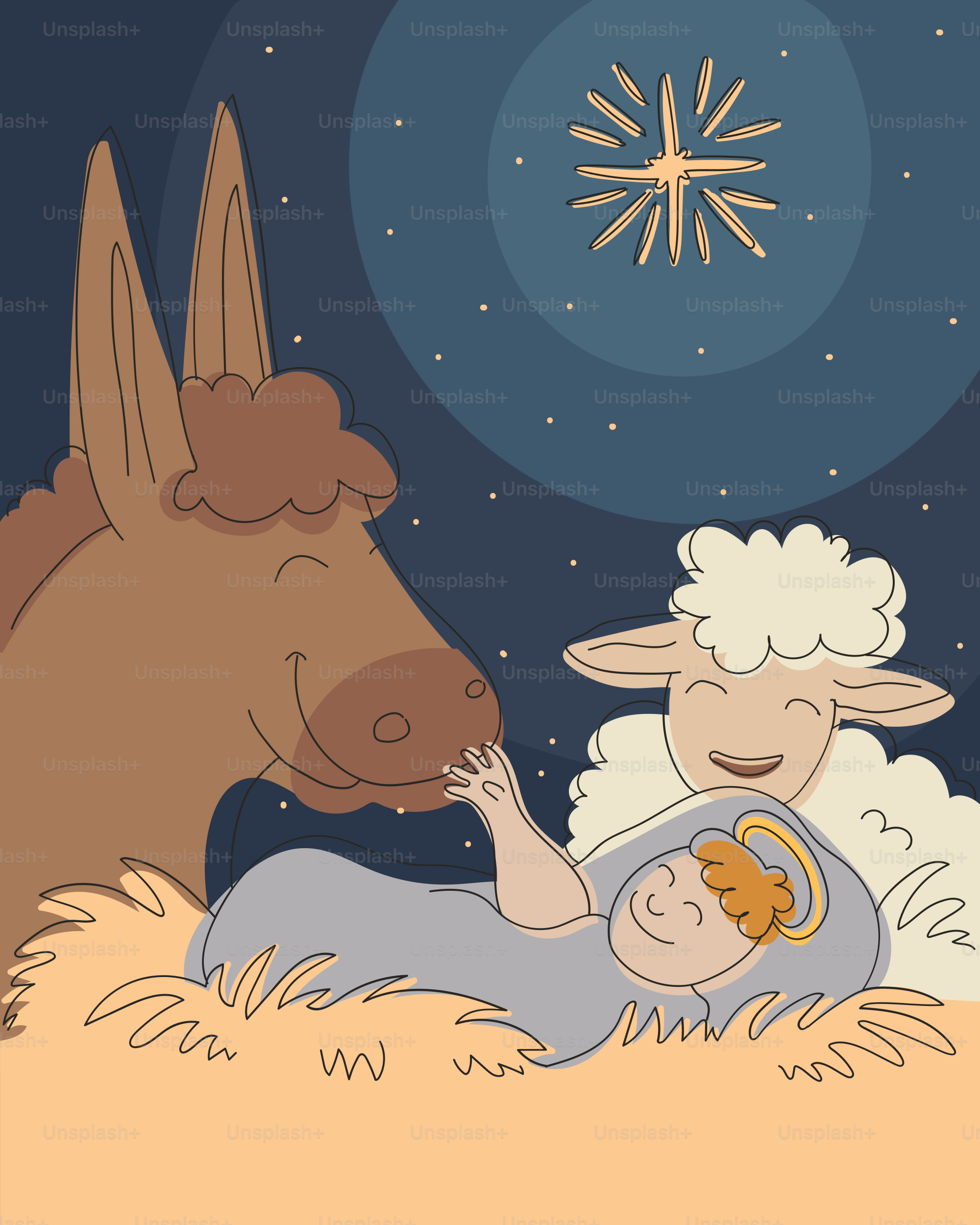 Vektor Adegan kelahiran dengan keledai, domba, dan bayi Yesus. – Gambar ...