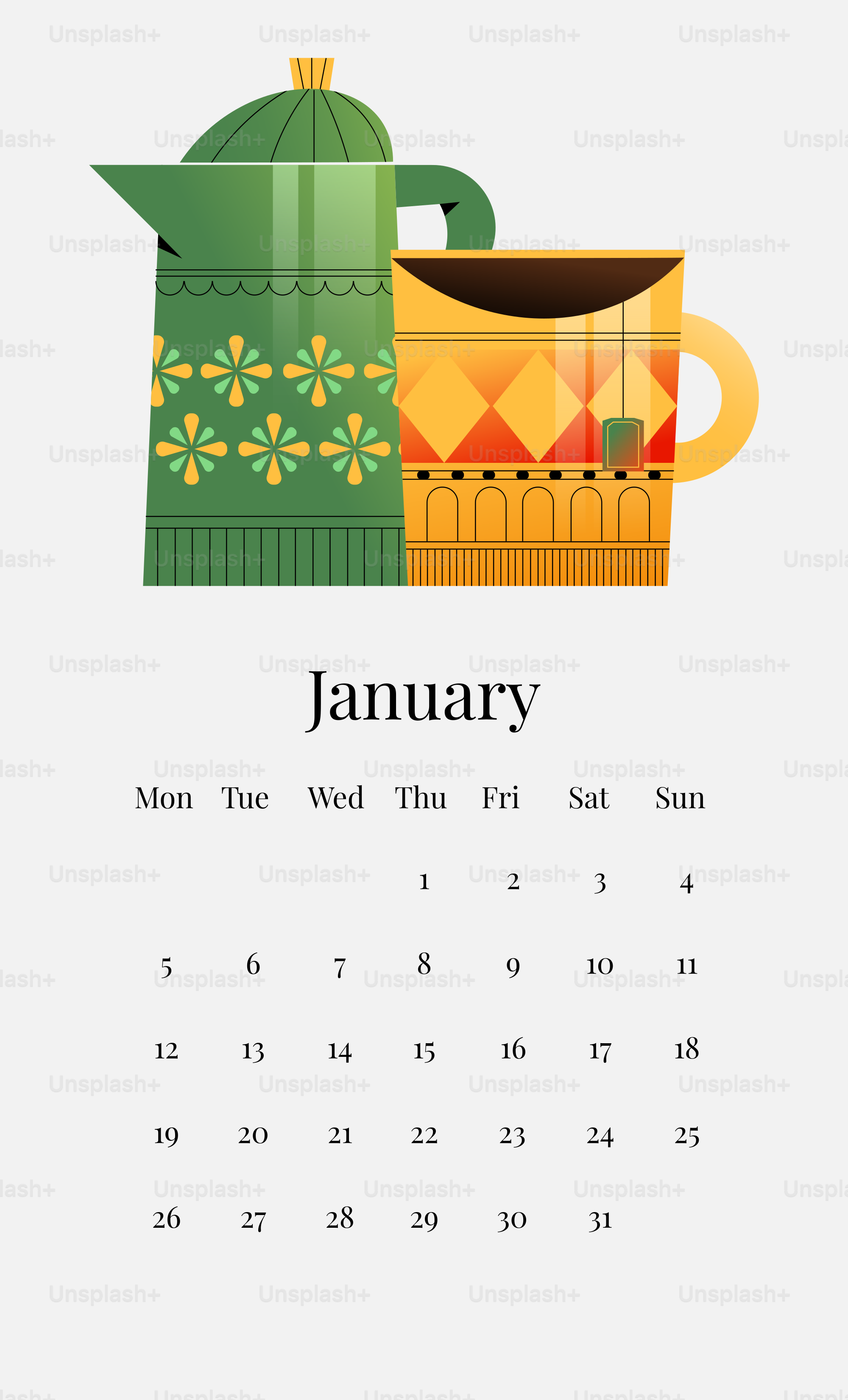 A green coffee pot and yellow mug with january calendar. vector ...