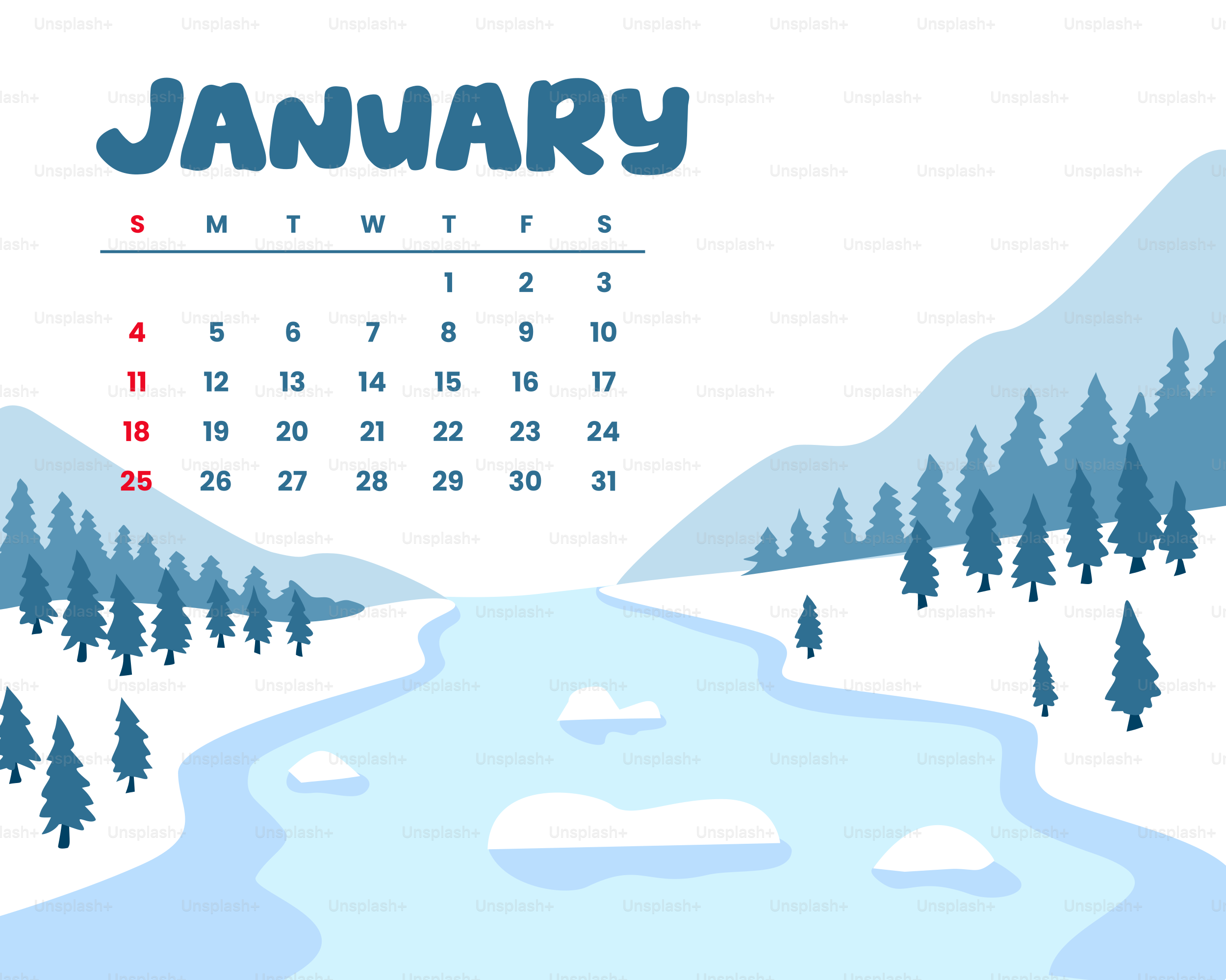 January calendar with a winter landscape and river vector ...