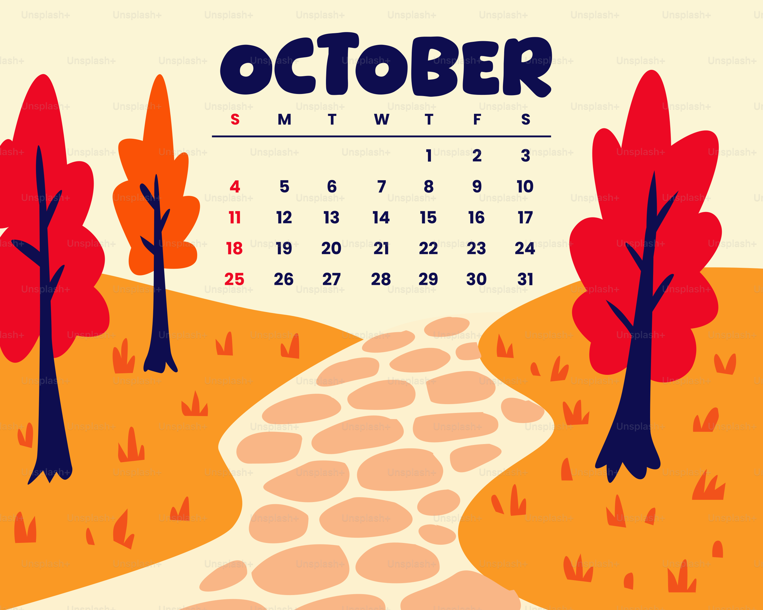 Calendario di ottobre con alberi autunnali e sentiero vettoriale ...