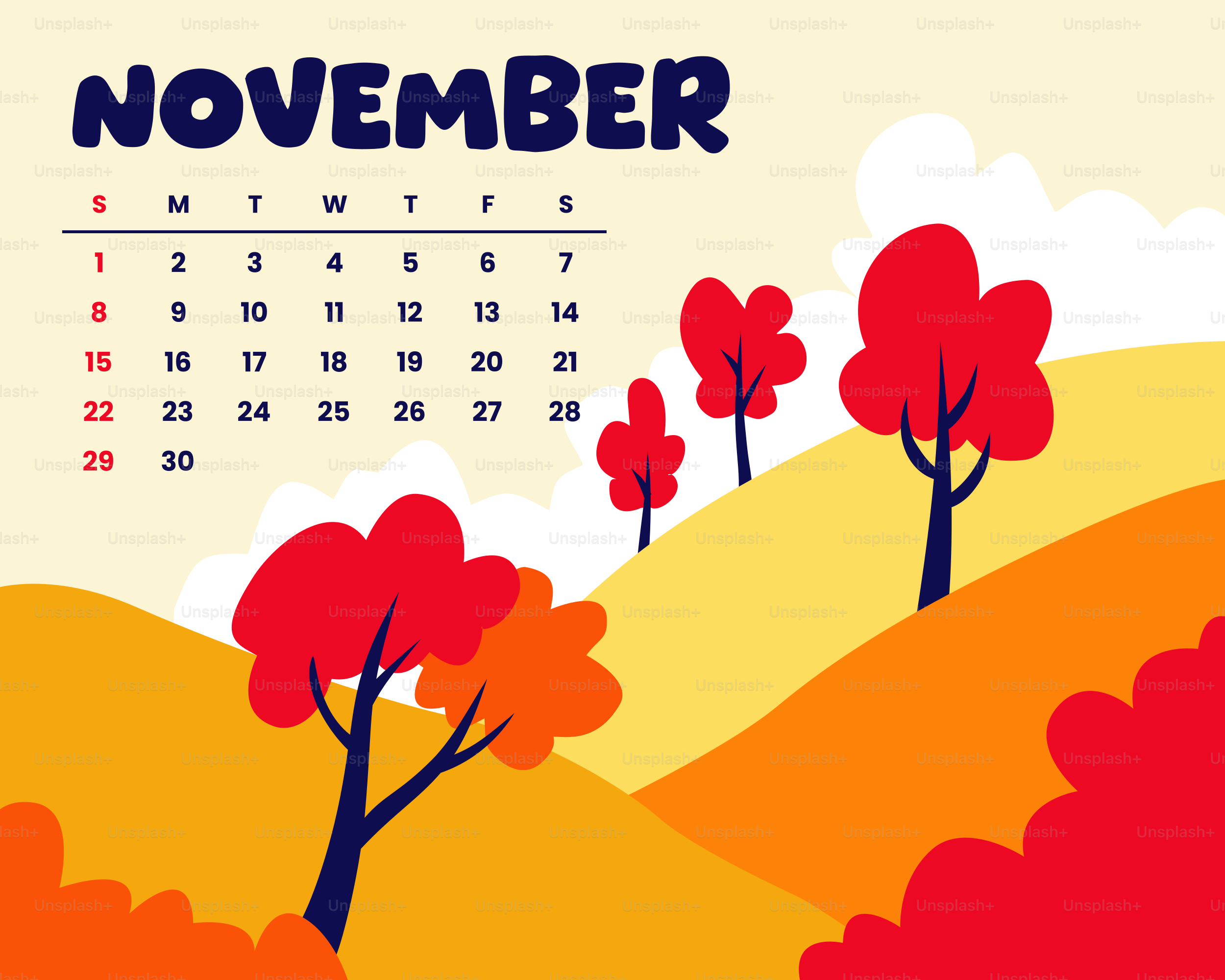 Vektor Kalender November dengan pohon dan perbukitan musim gugur ...