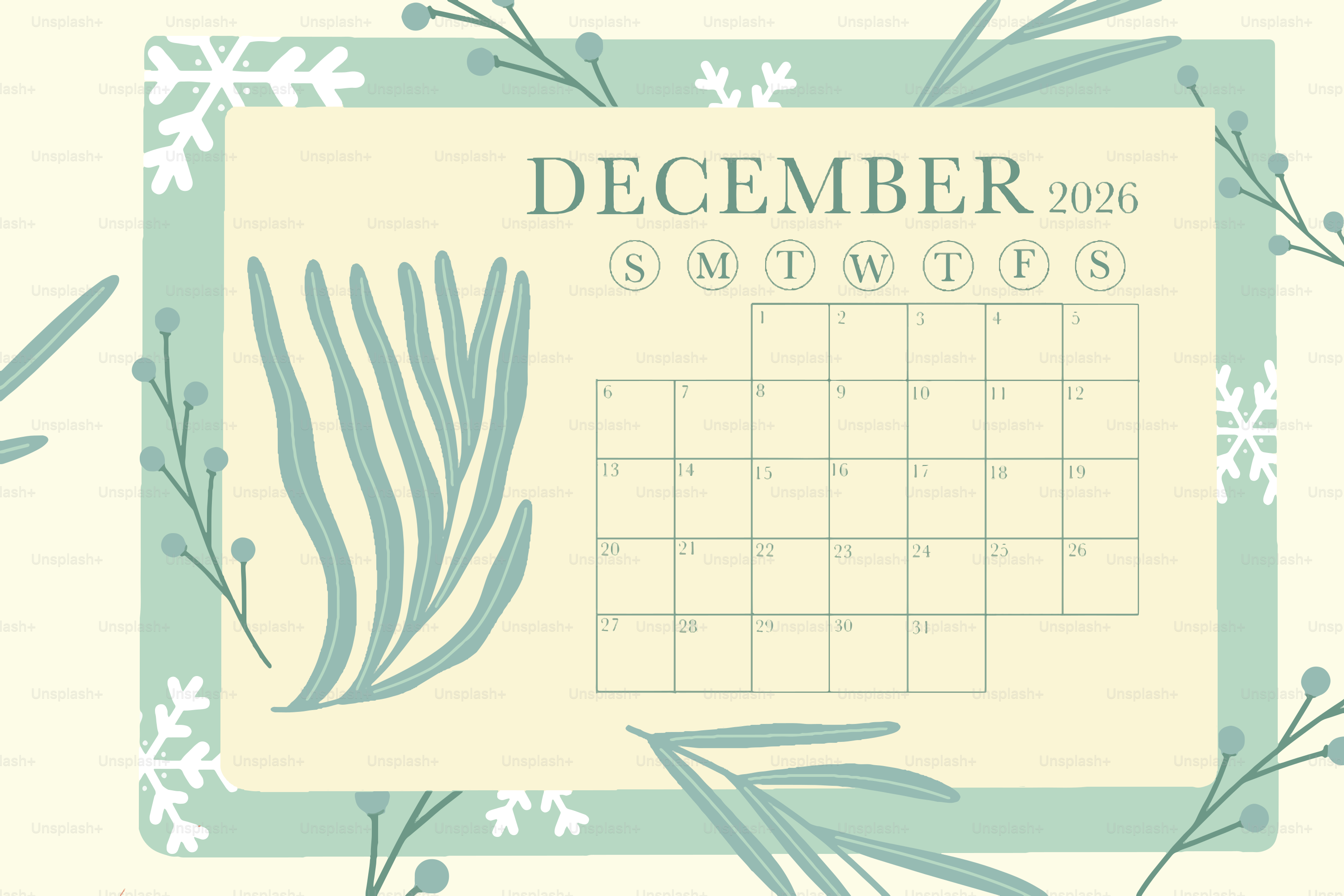 Vektor Kalender Desember 2026 dengan batas bunga musim dingin – Gambar ...