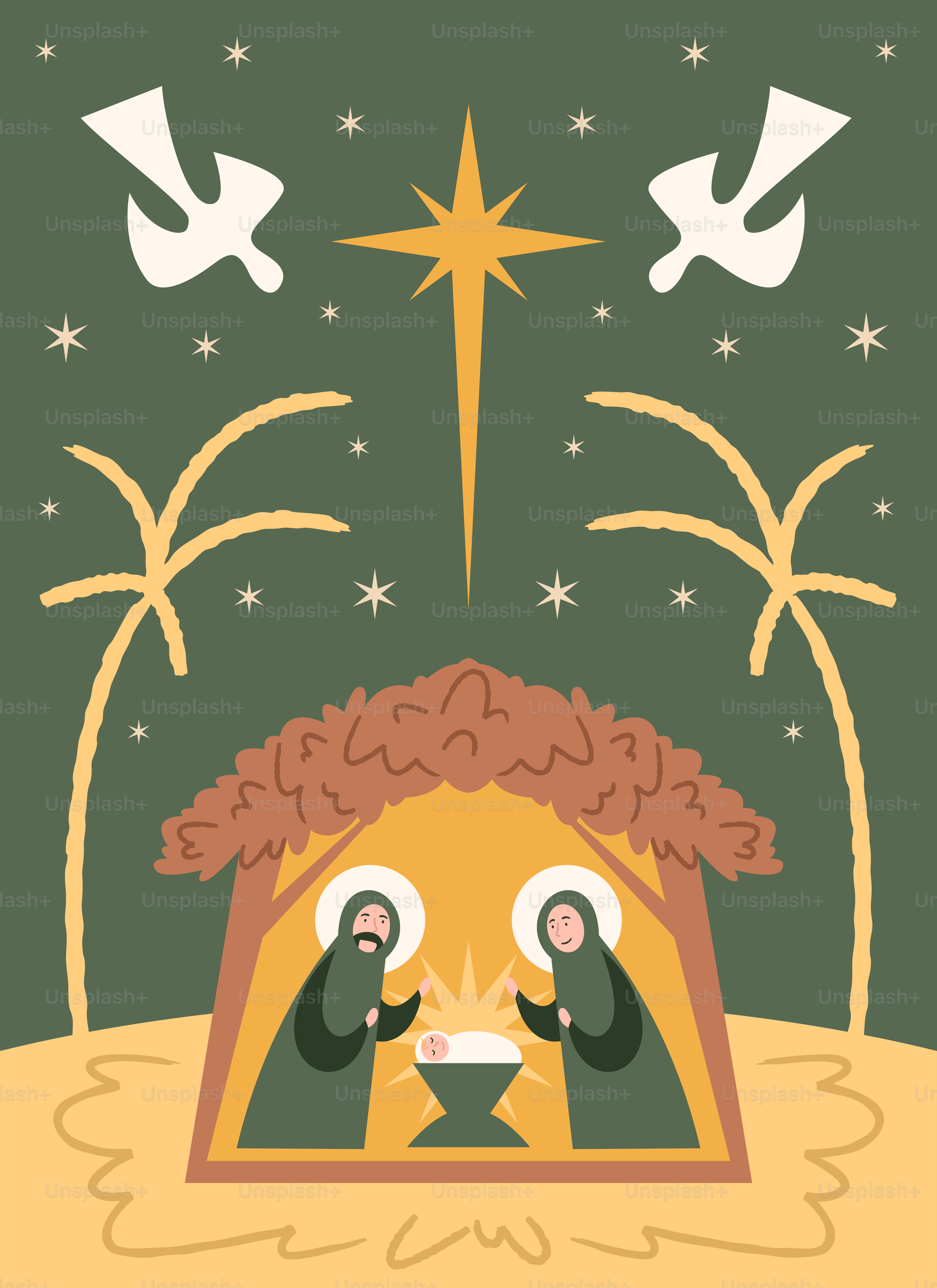 Scène de la Crèche avec Marie, Joseph et le Bébé Jésus sous l’étoile ...