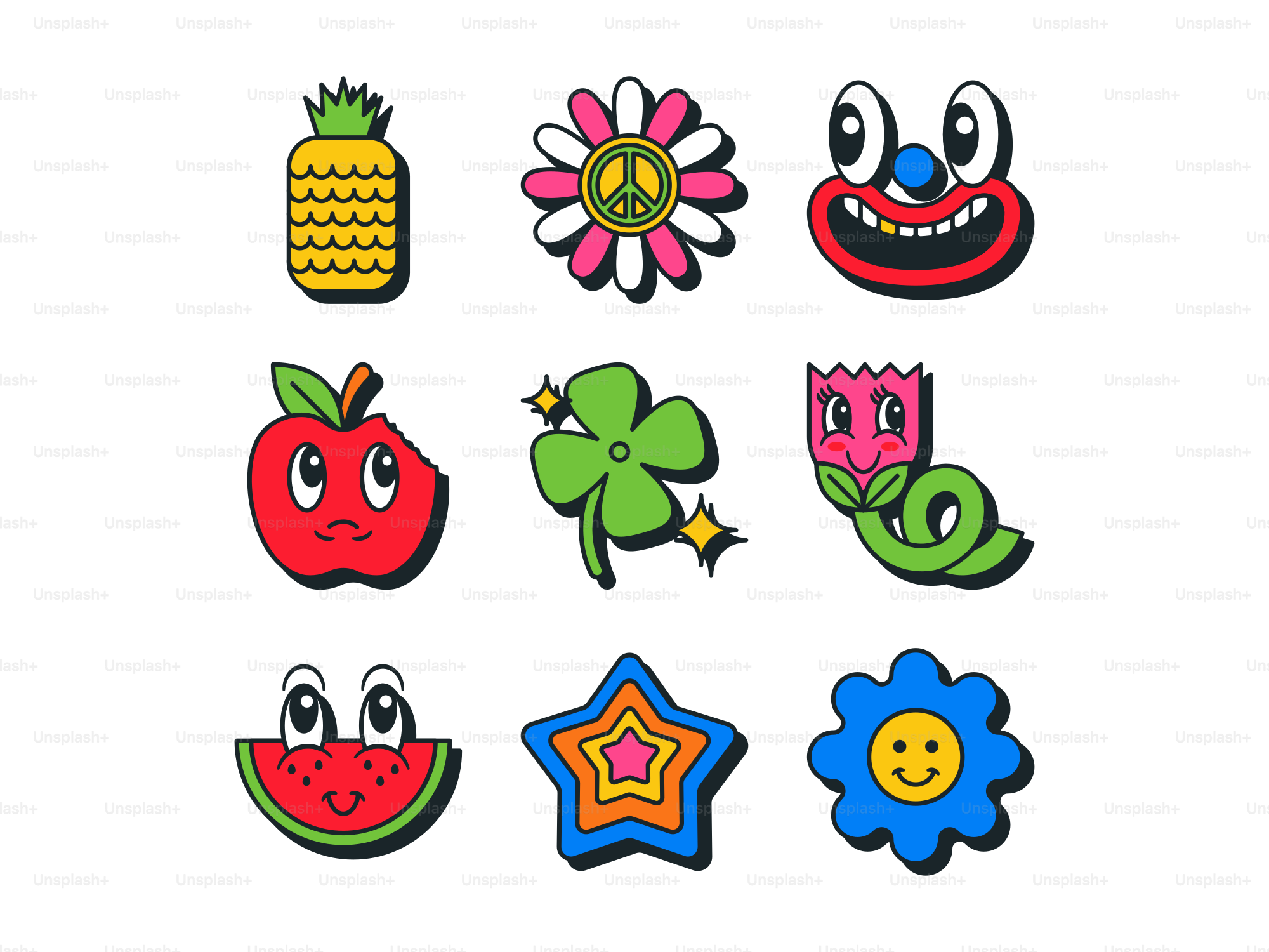 Vektor Koleksi buah-buahan, bunga, dan bentuk kartun. – Gambar Bunga di ...