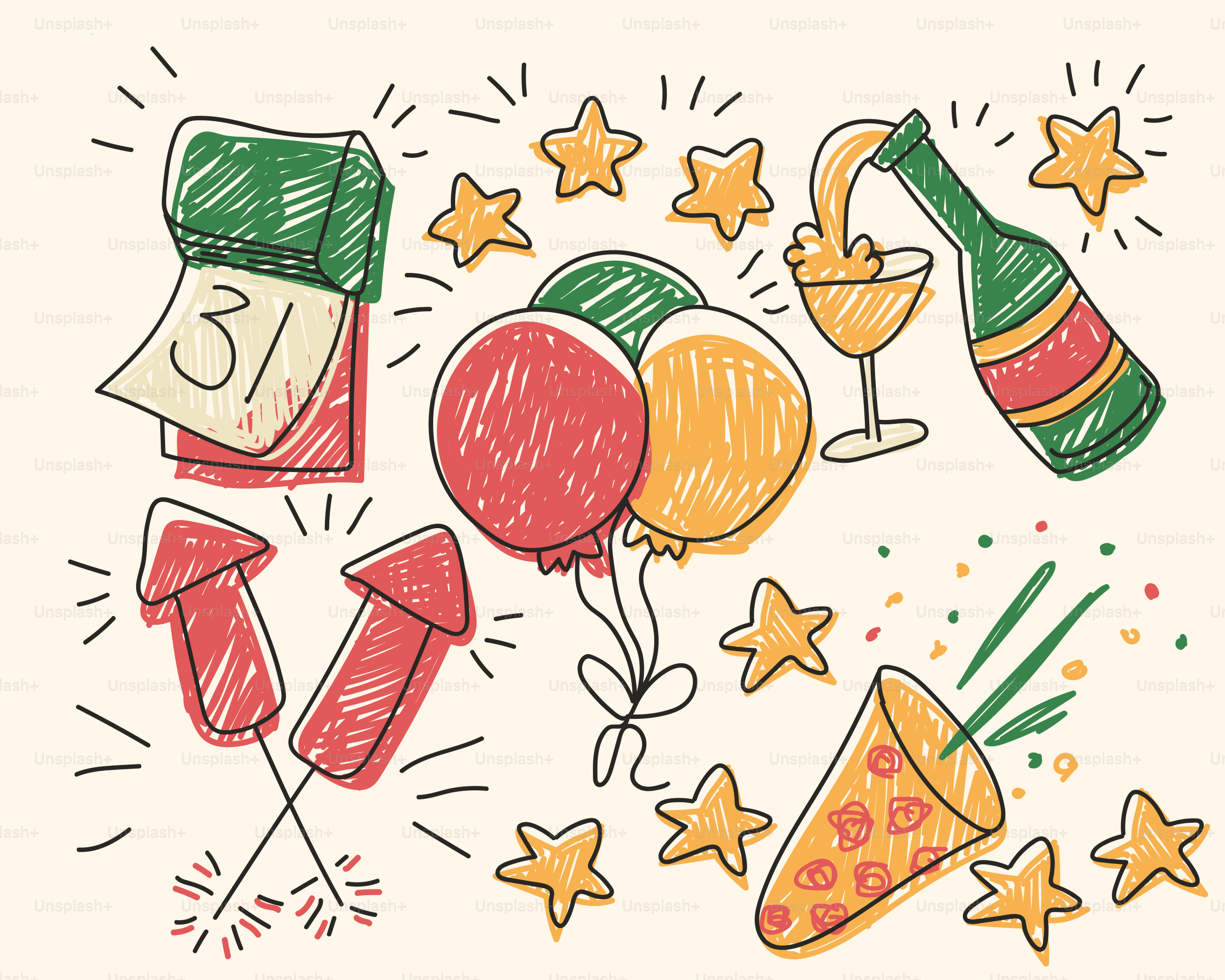 Happy new year celebration elements with confetti and party hat vector ...