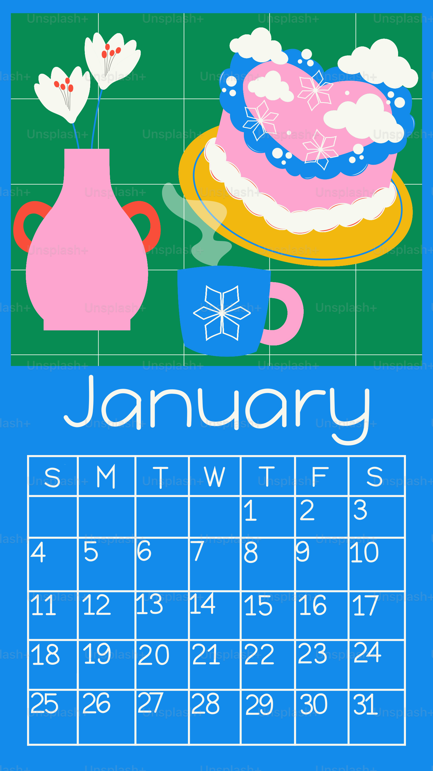 January calendar with cake, flowers, and coffee. vector – Winter Image ...