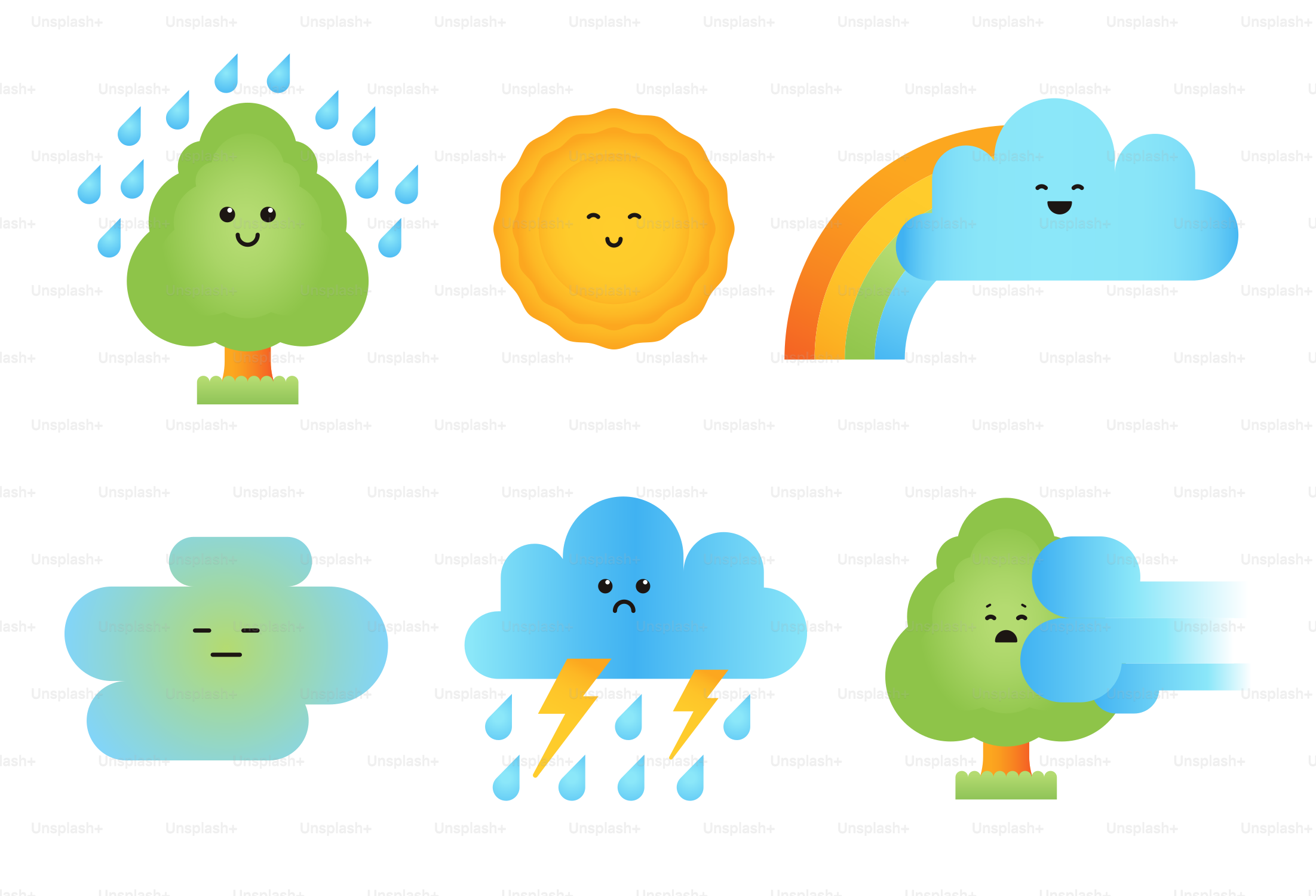 Cute cartoon weather icons with happy and sad faces vector – Sun Image ...
