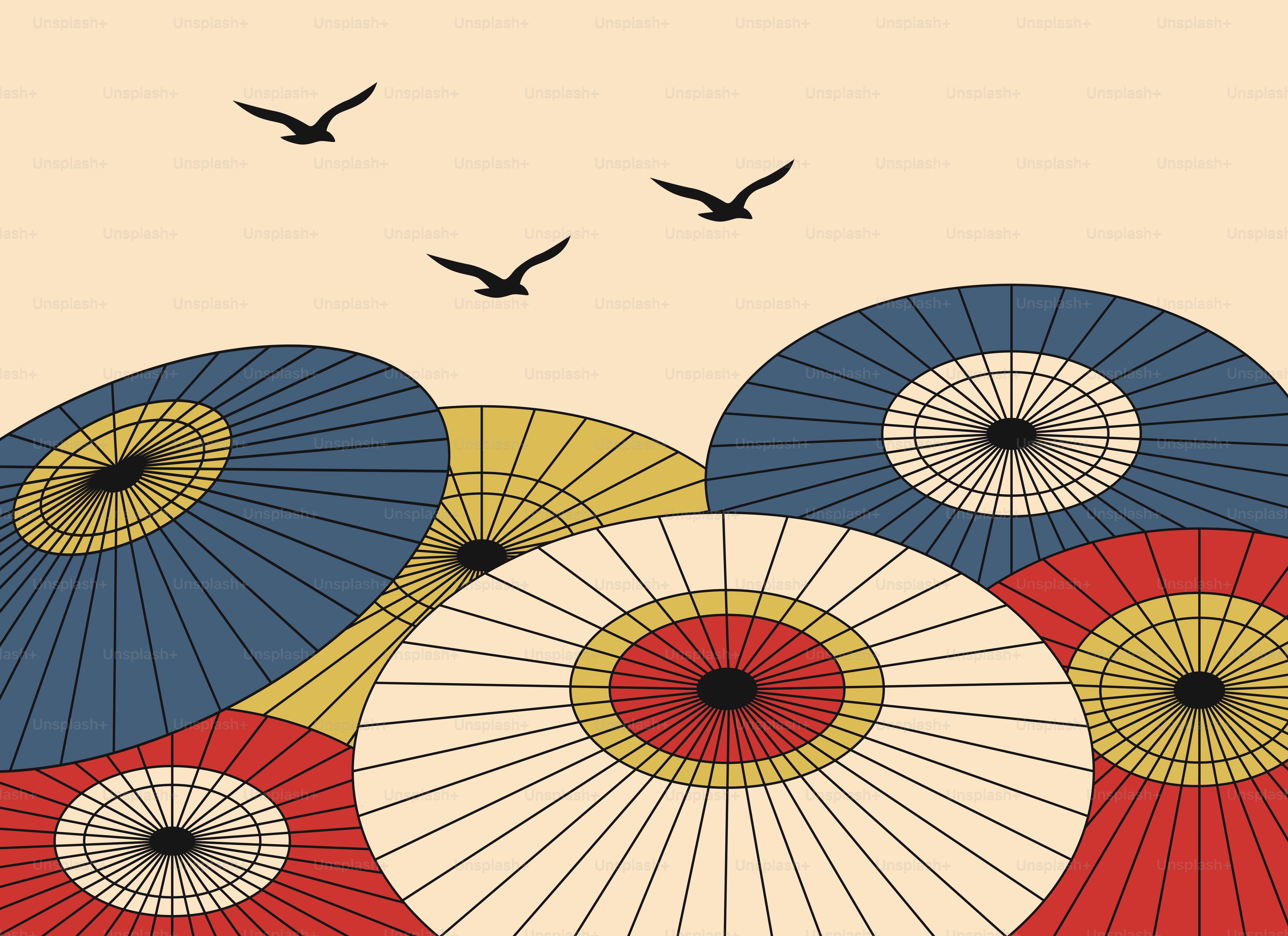 Colorful japanese umbrellas with birds flying above. vector – Aesthetic ...