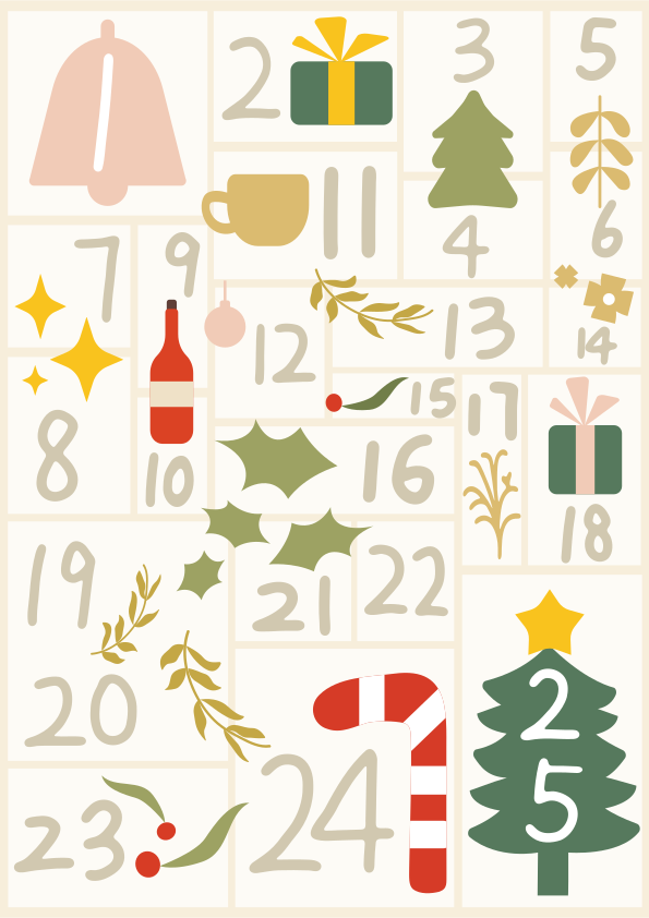 Vektor Kalender kedatangan Natal dengan ikon meriah dan pintu bernomor ...