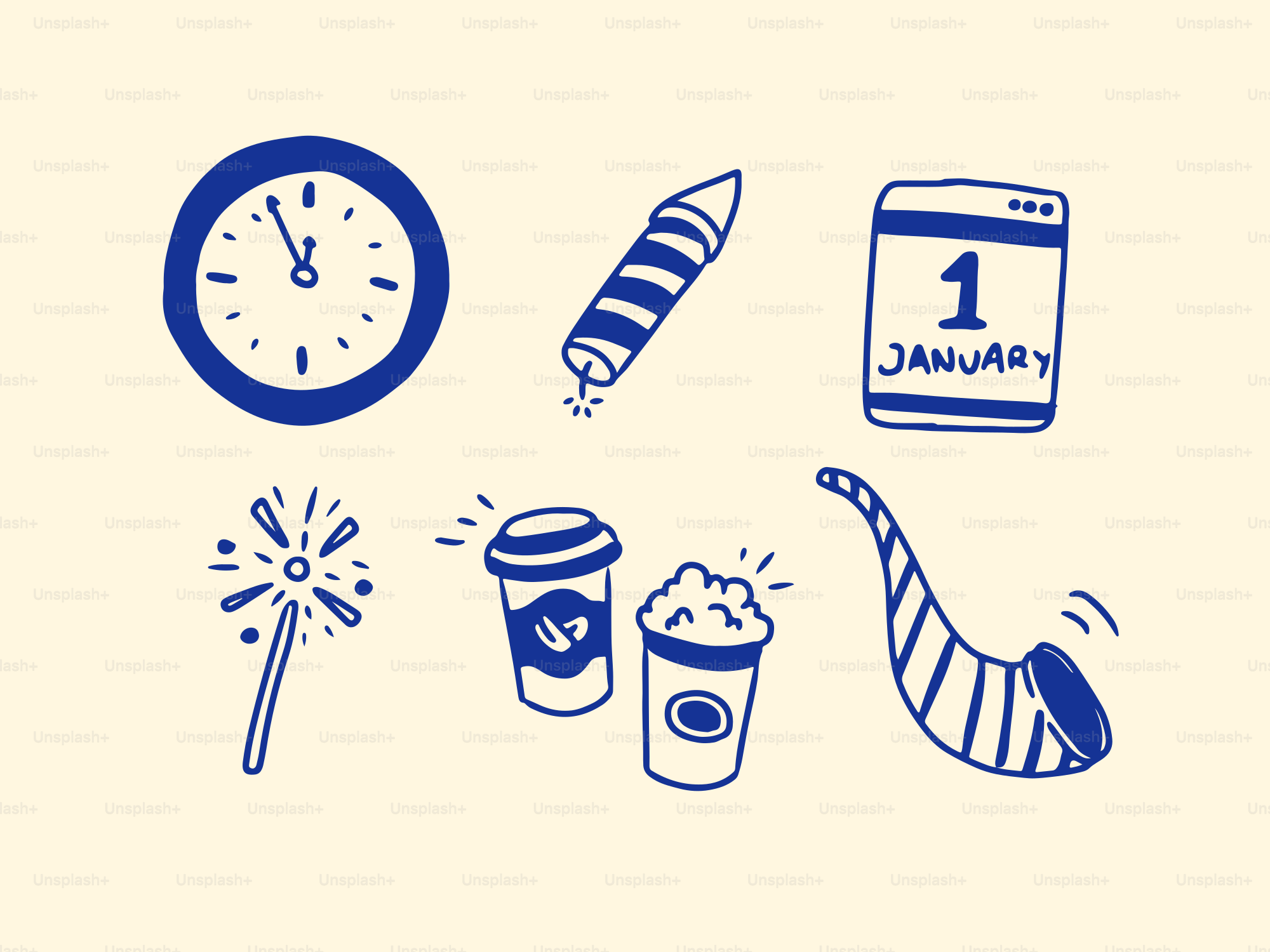 New year's eve celebration icons with clock and fireworks. vector ...