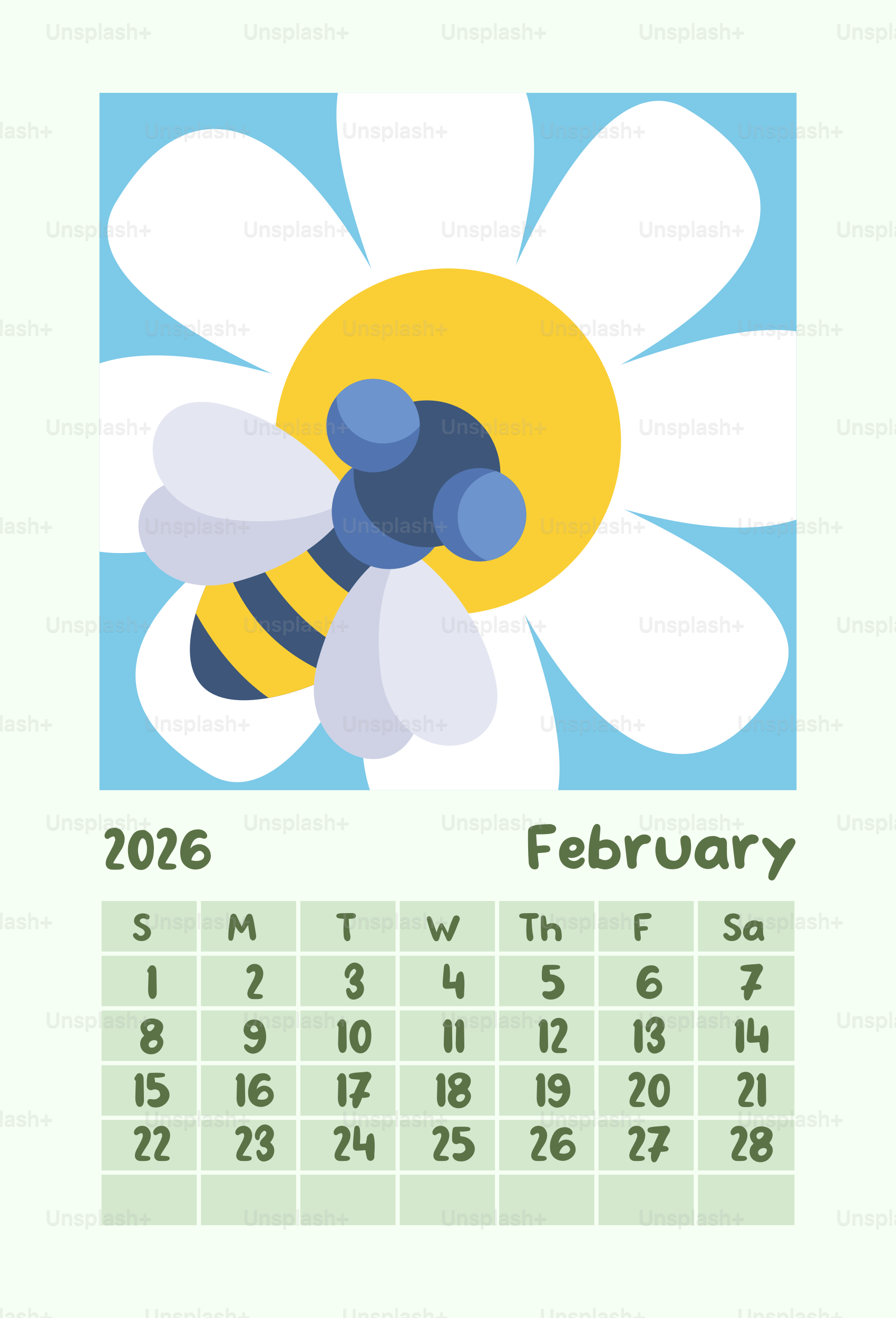 Vektor Lebah kartun di atas bunga dengan kalender februari 2026 ...