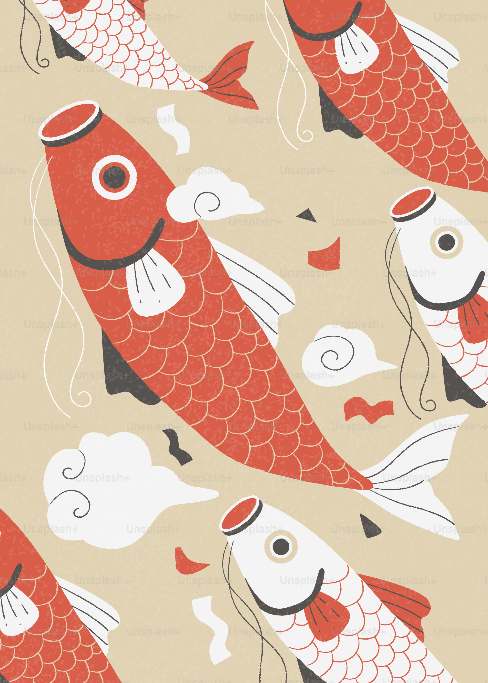 Several stylized red and white koi fish swim. vector – Clouds Image on ...