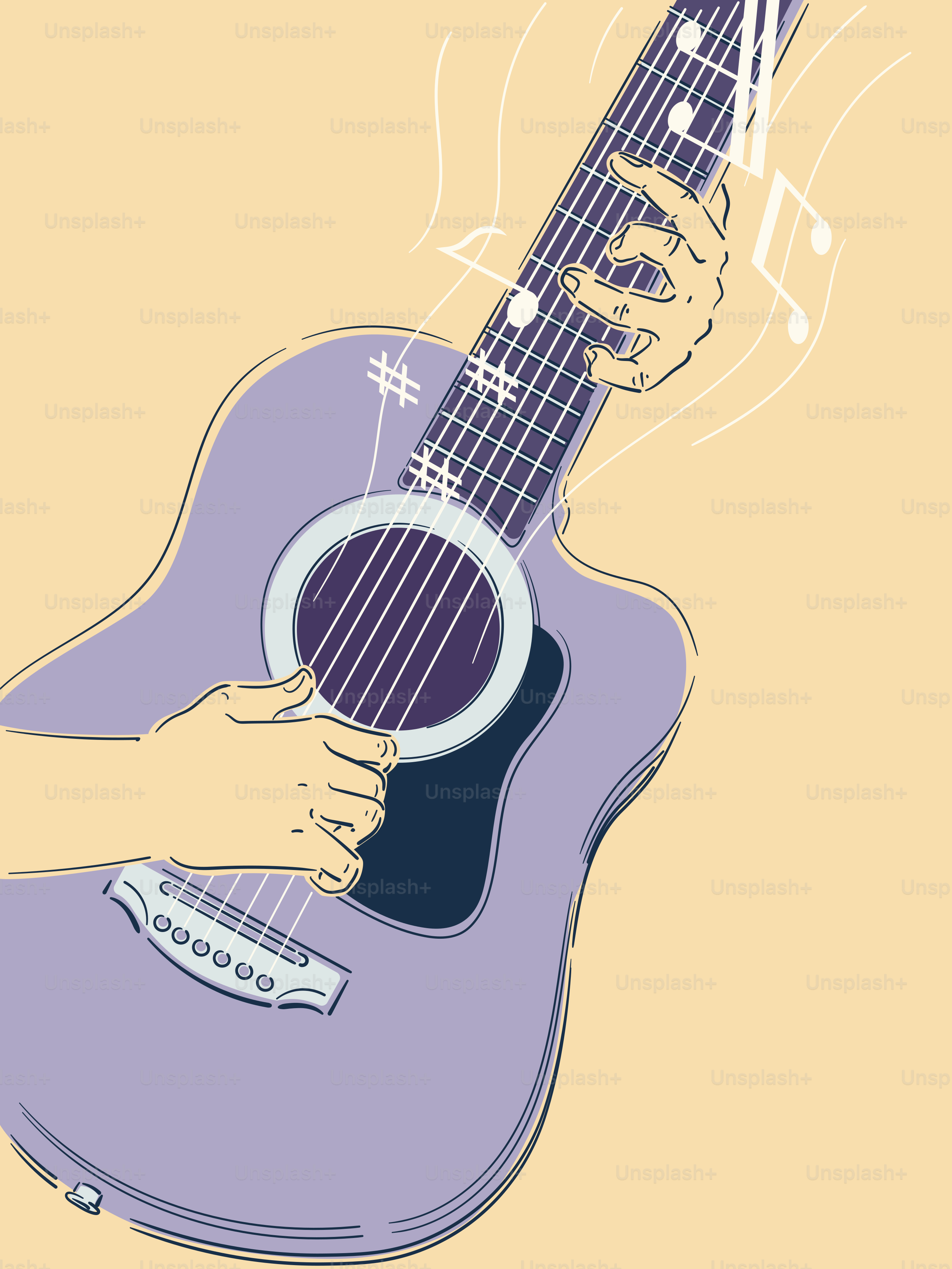 Vektor Tangan memainkan gitar akustik ungu dengan nada musik – Gambar ...