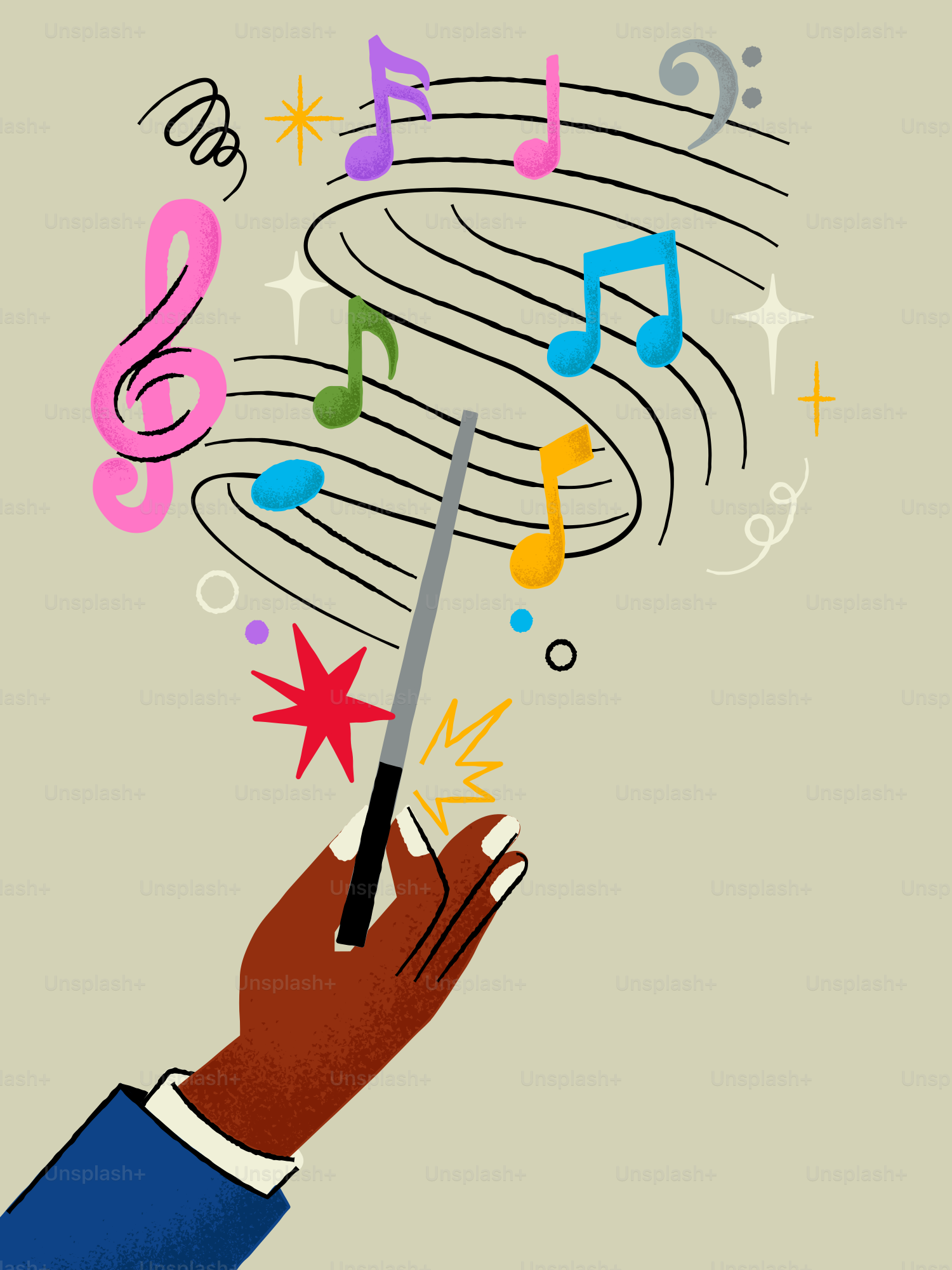 Hand conducting colorful musical notes and symbols. vector – Music ...