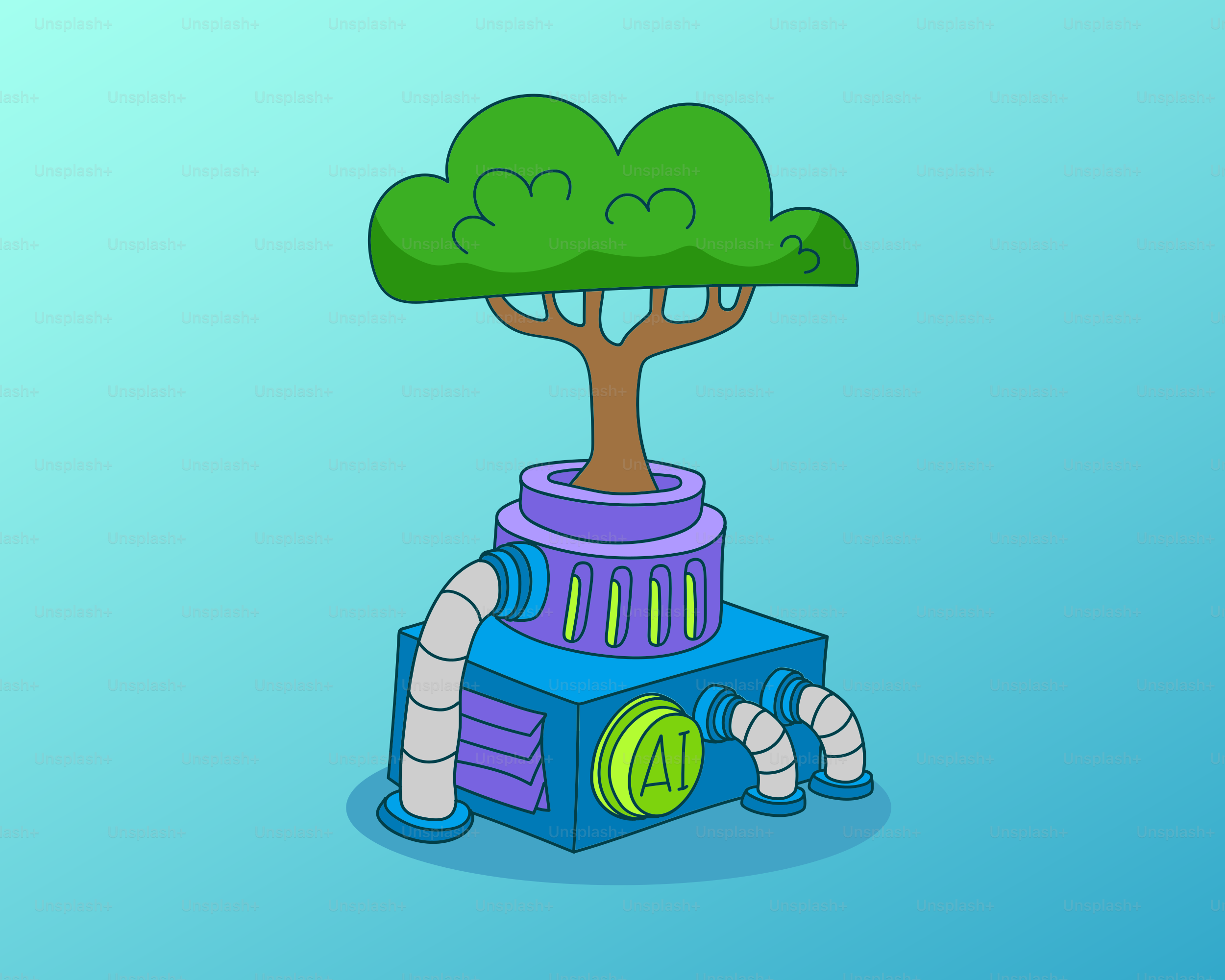 Vektor Pohon tumbuh dari mesin ai dengan latar belakang biru – Gambar ...