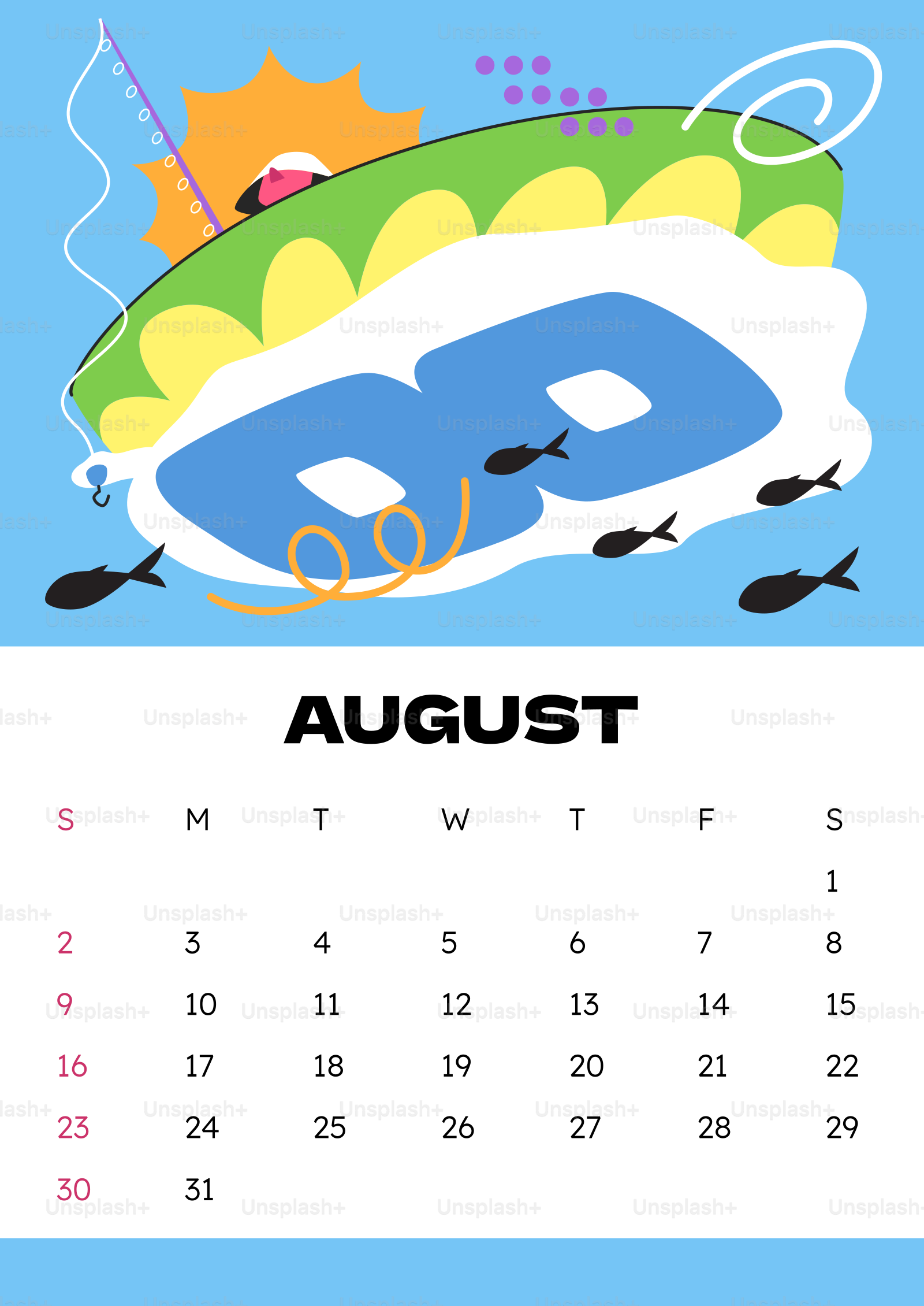 August calendar with a playful fishing boat illustration. vector – Sun ...
