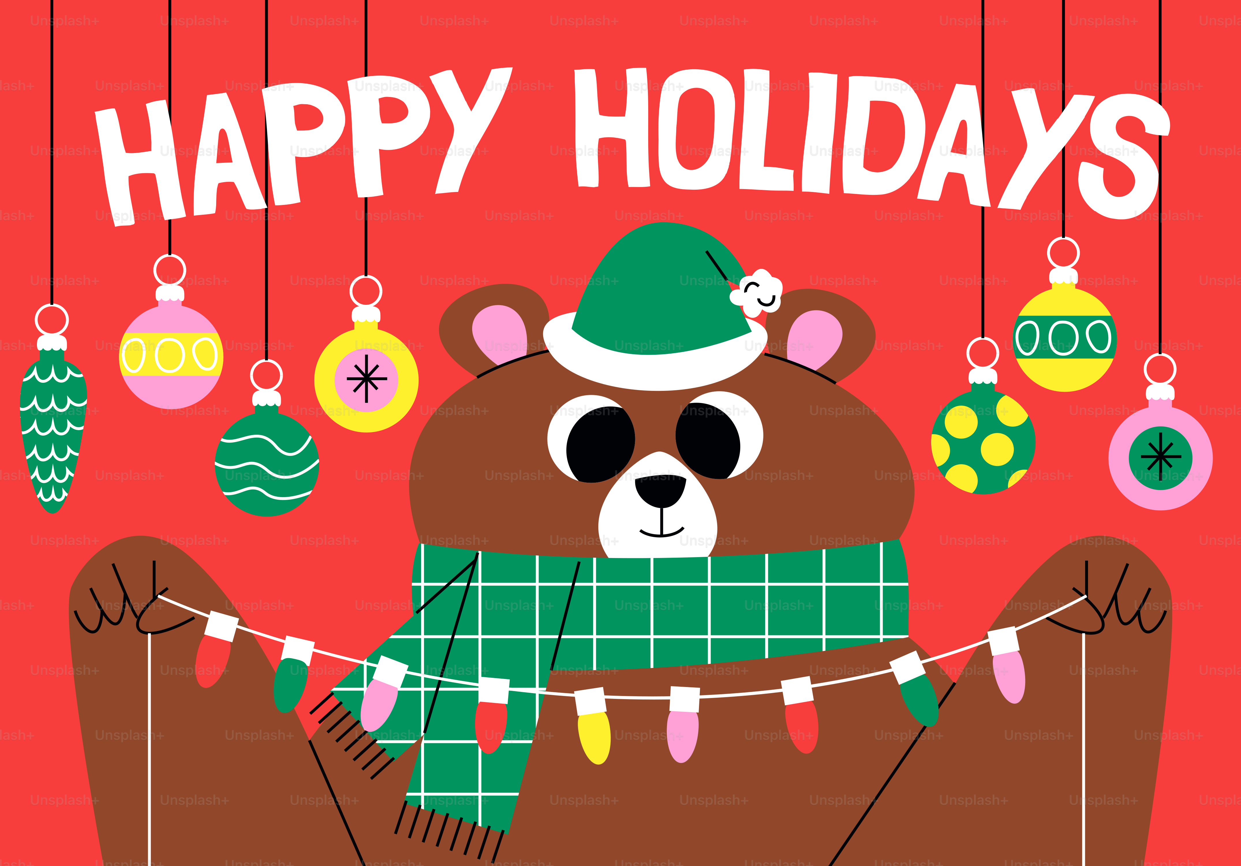 A cartoon bear with a hat and scarf holds lights. vector – Wallpaper ...