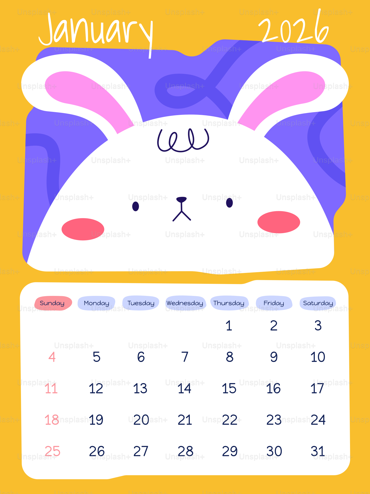 Vektor Kalender kelinci lucu untuk januari 2026 – Gambar Binatang di ...