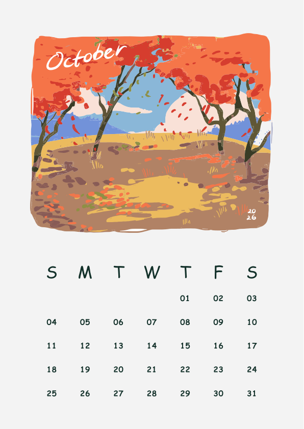 October calendar with autumn trees and landscape. vector – Art Image on ...