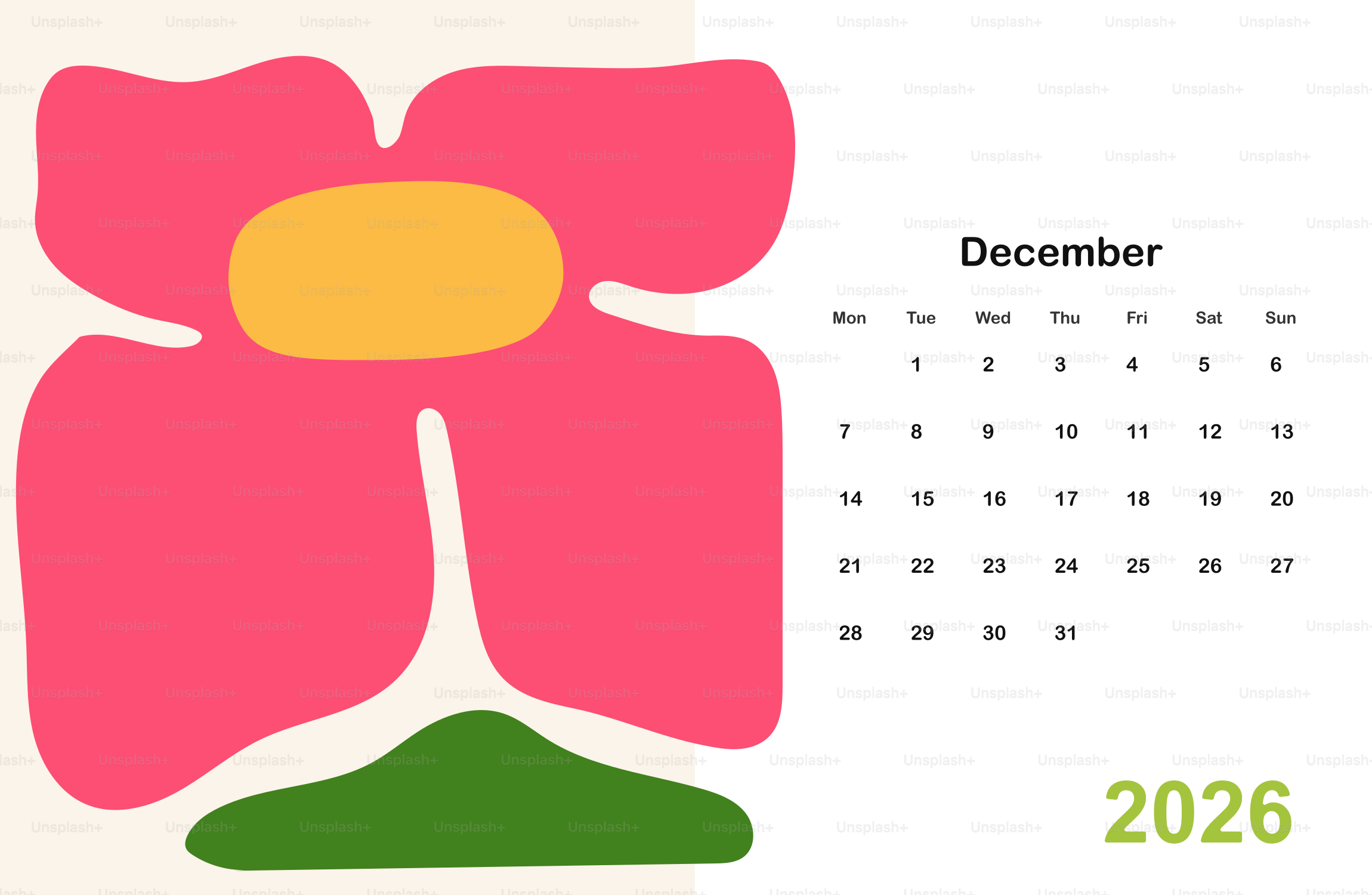 Vektor Bunga merah muda abstrak dengan kalender Desember 2026 – Gambar ...