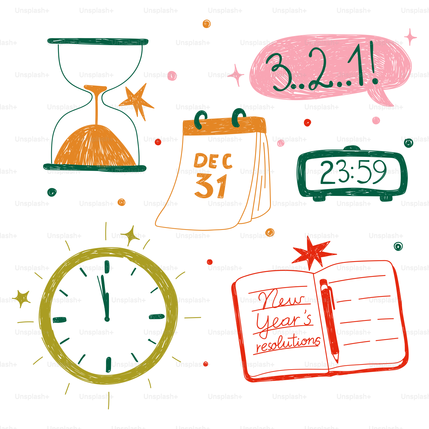 New year's eve countdown elements with clock and calendar. vector ...