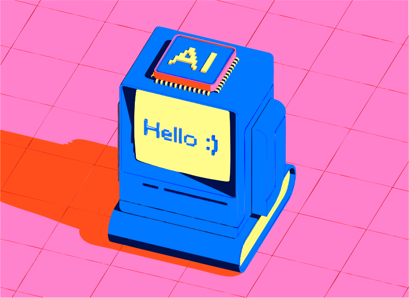 Retro computer with ai chip displays "hello :)" vector – Technology ...