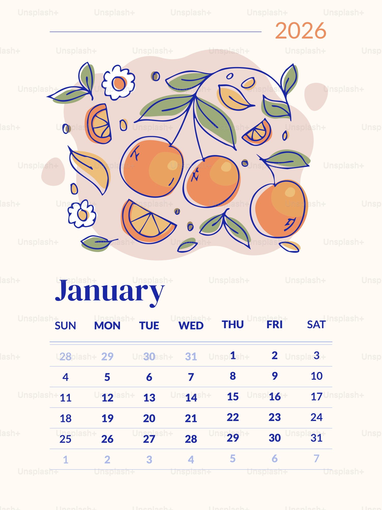 January calendar with orange illustrations and leaves vector – Flowers ...