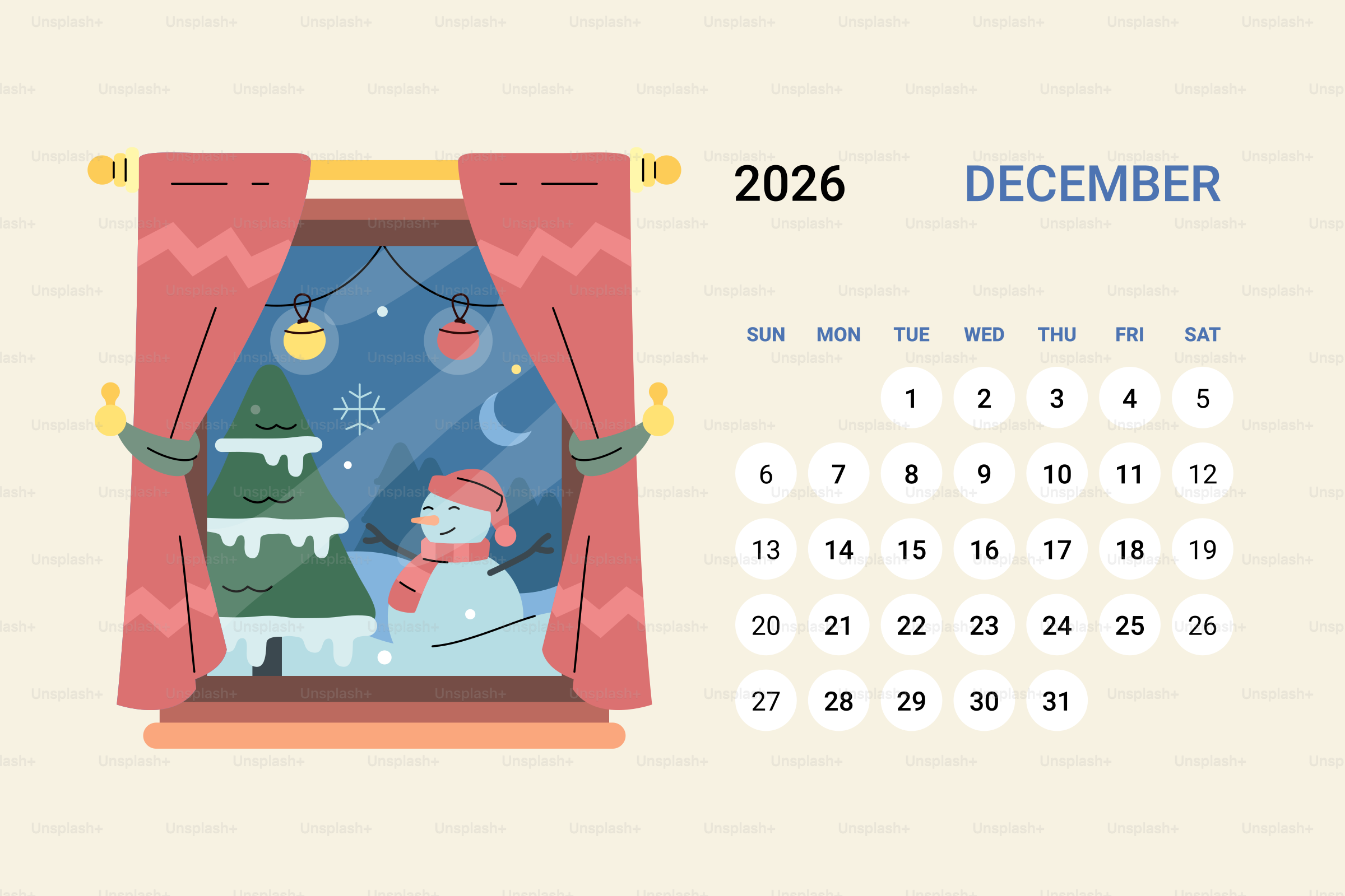 Vektor Kalender Desember 2026 dengan pemandangan jendela meriah ...