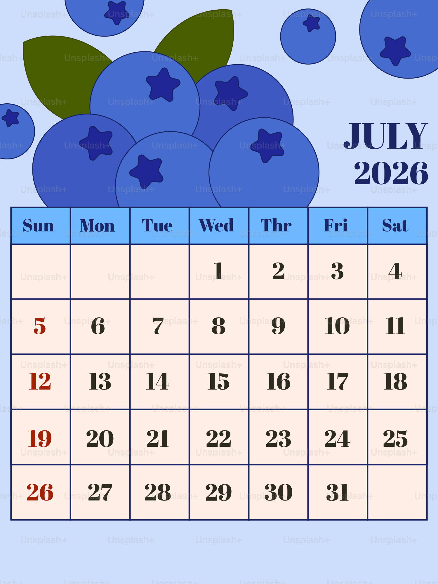 Vektor Kalender Juli 2026 dengan blueberry – Gambar Musim panas di Unsplash