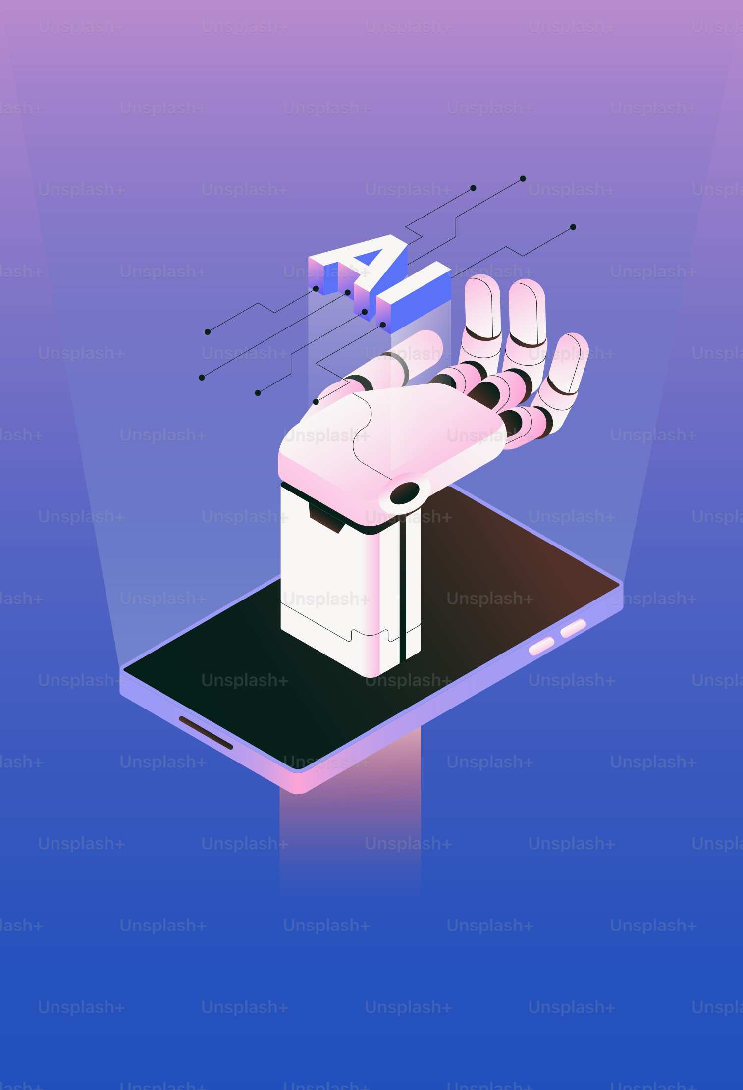 Robotic hand emerging from smartphone displaying ai. vector ...
