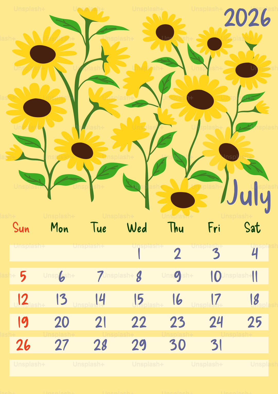 July 2026 calendar with sunflowers vector – Flower Image on Unsplash