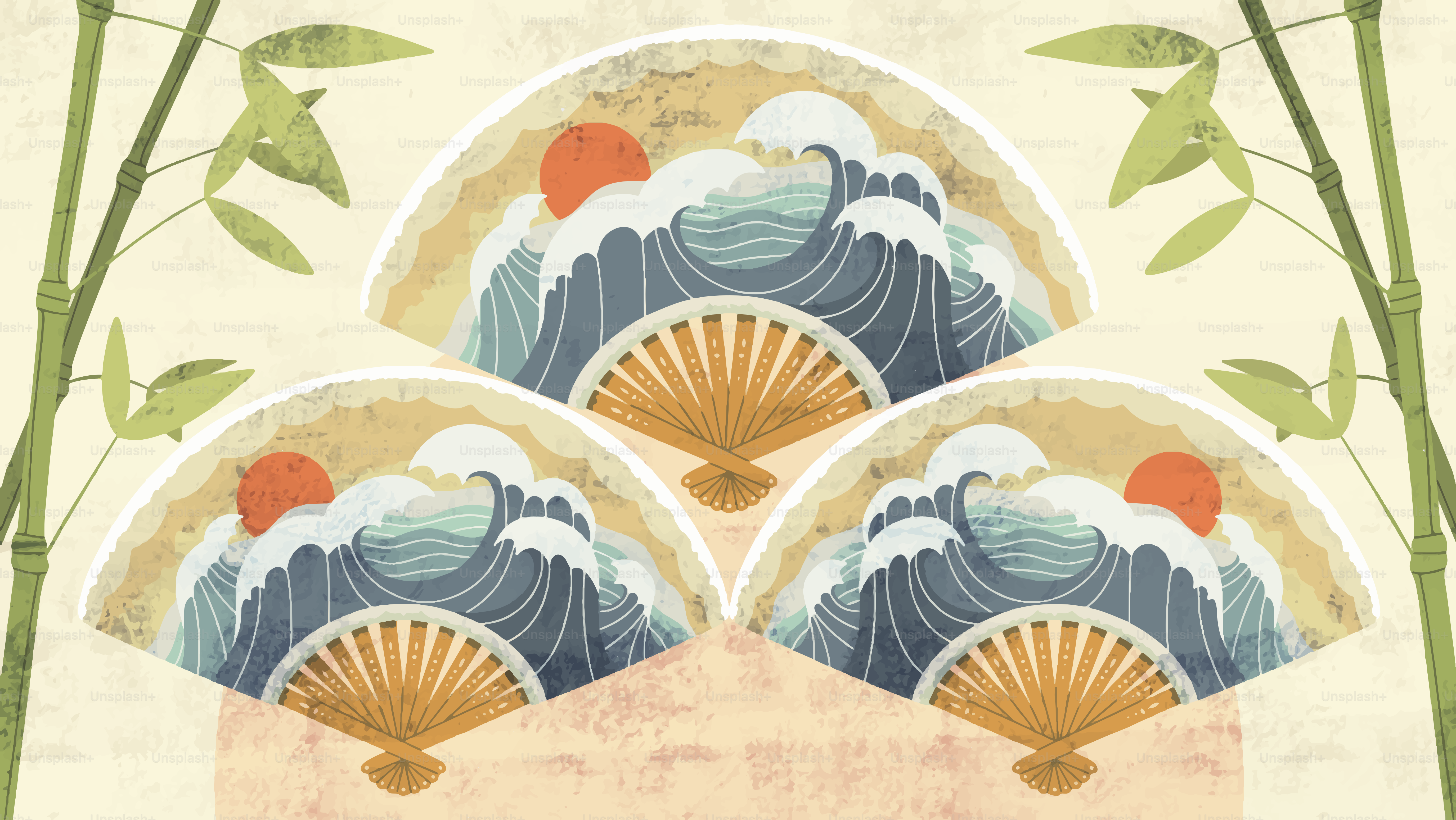 Vektor Tiga kipas angin dengan ombak dan matahari, batang bambu ...