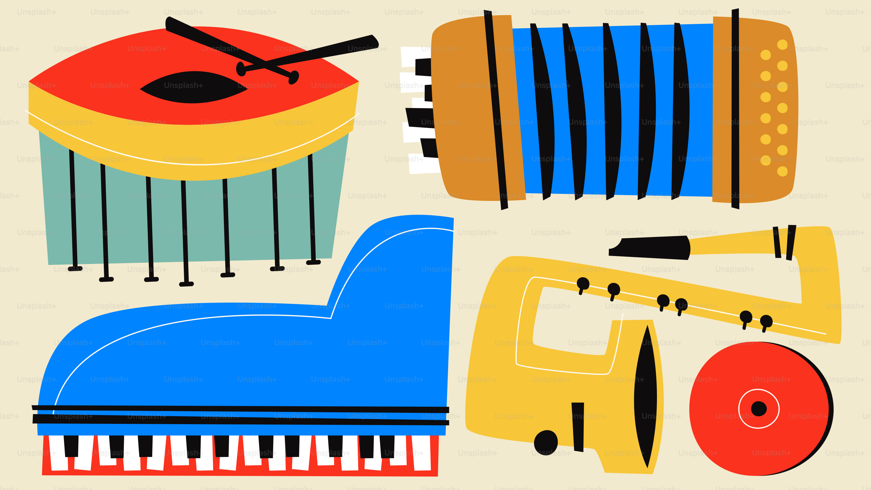 A collection of colorful musical instruments on a light background ...