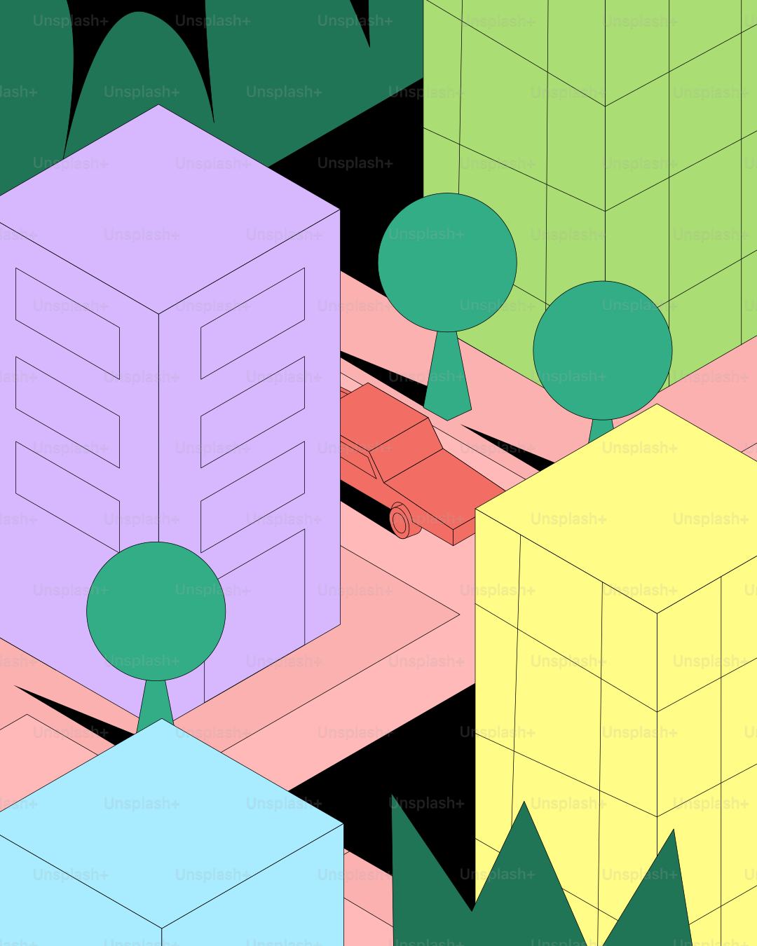 Colorful isometric houses arranged around a central roundabout. vector ...