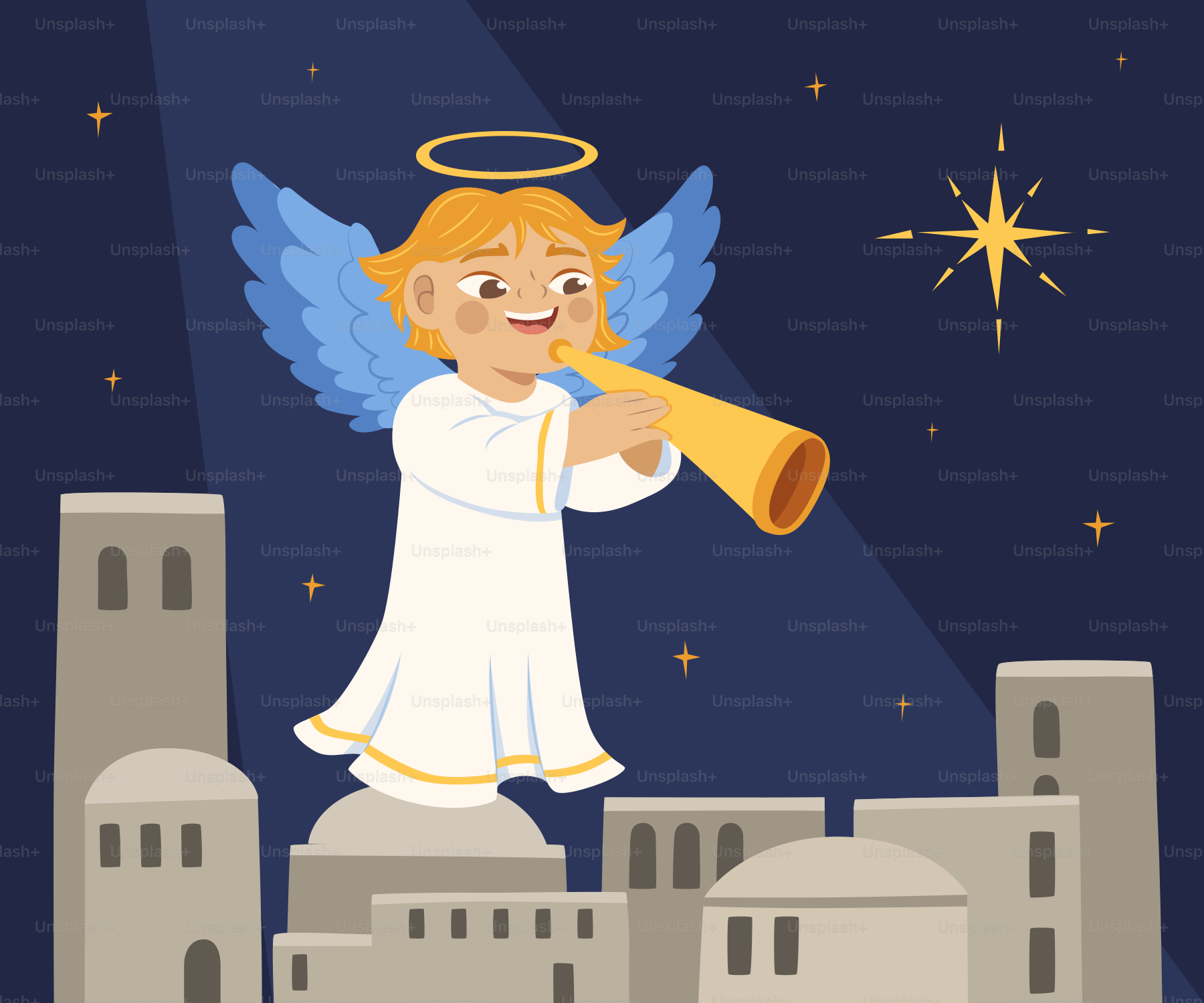 Angel blowing a trumpet over a town at night vector – Winter Image on ...