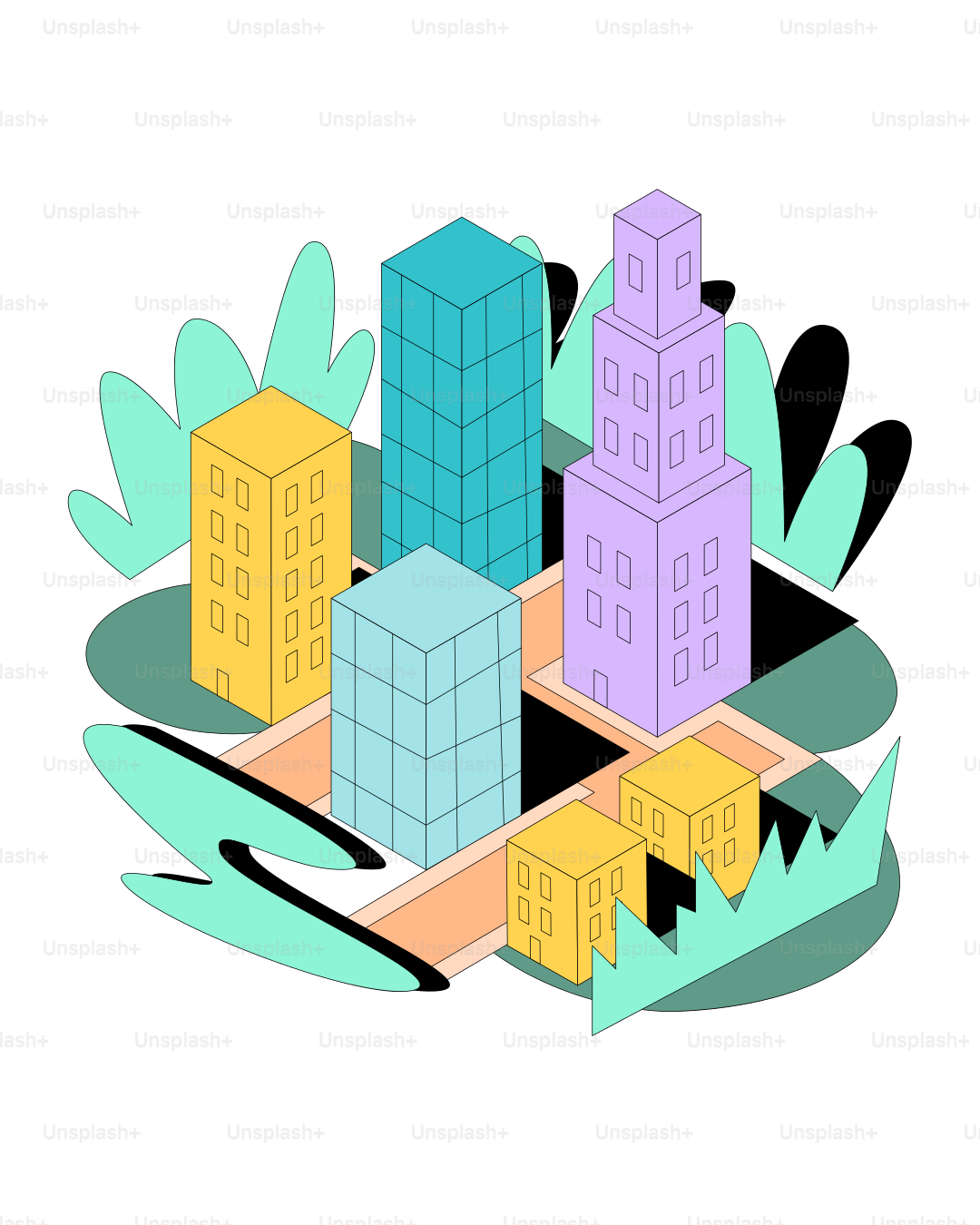Colorful isometric houses arranged around a central roundabout. vector ...