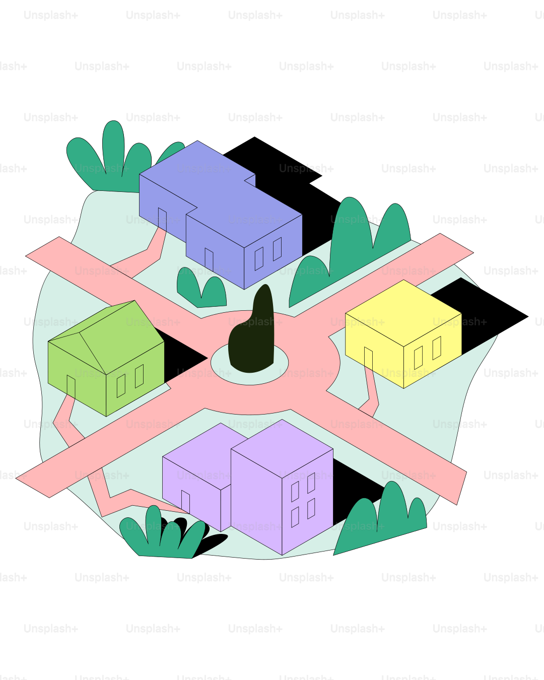 Colorful isometric houses arranged around a central roundabout. vector ...