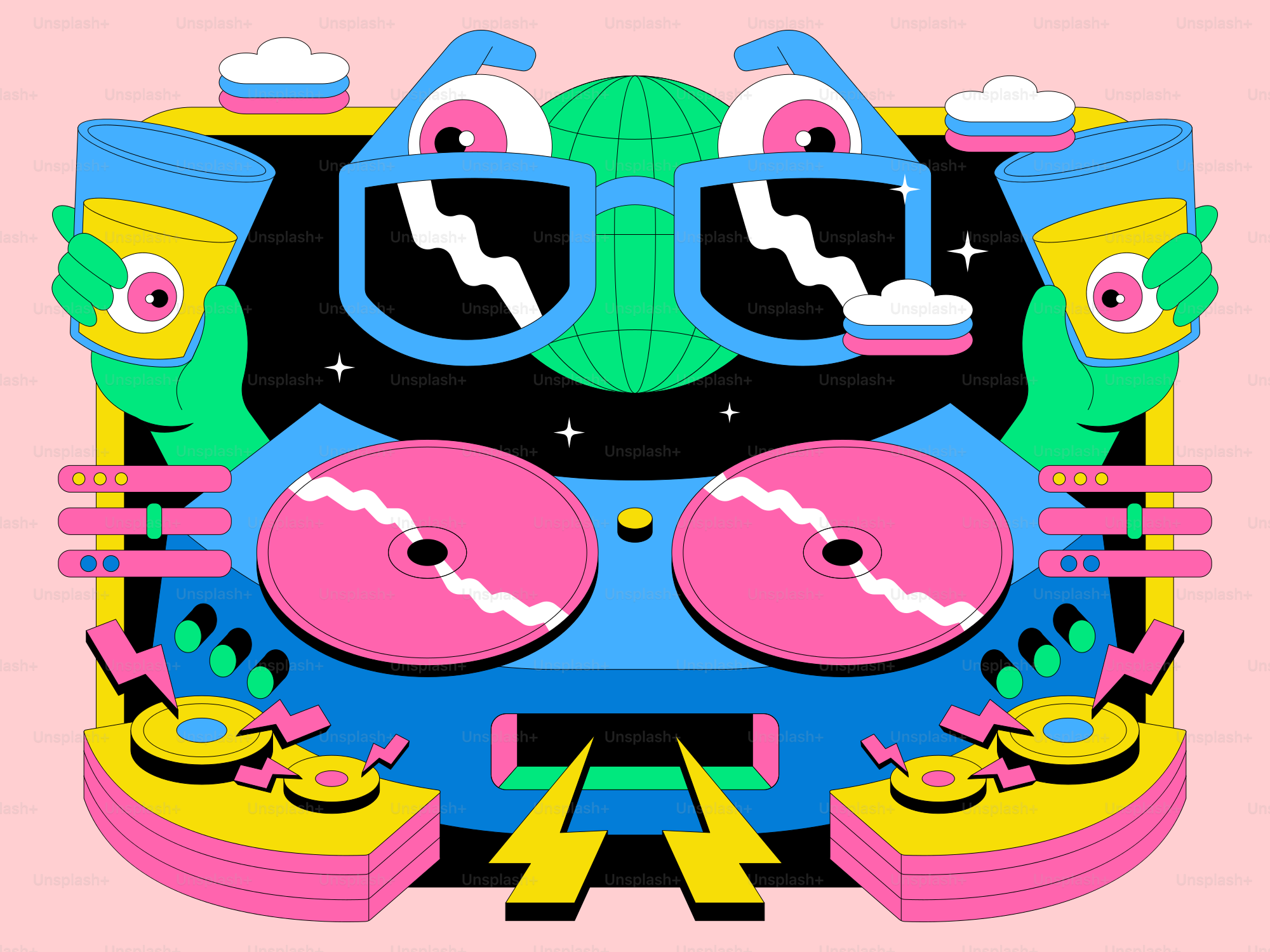 Abstract cartoon character with headphones and turntables vector ...