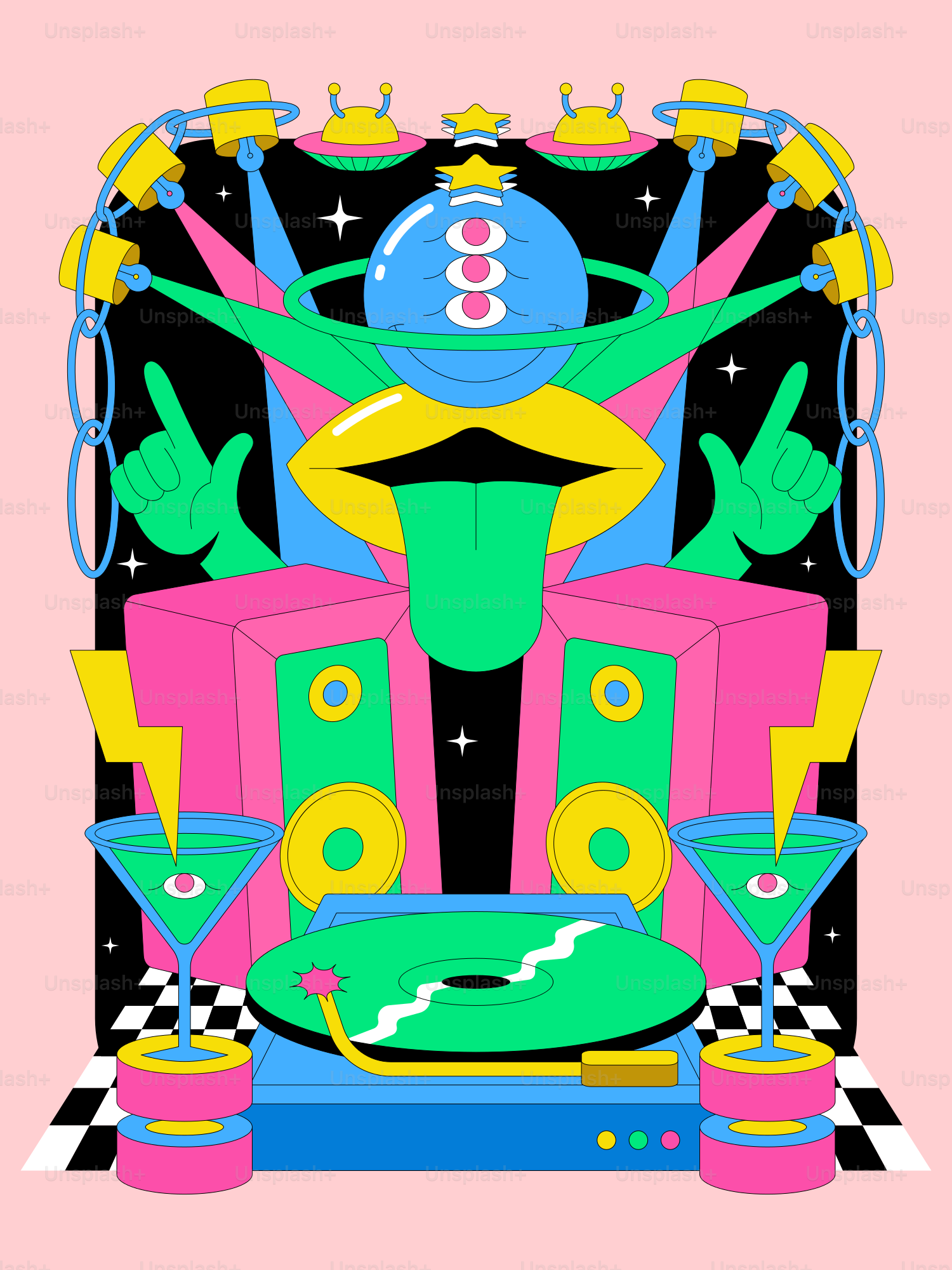 Abstract cartoon character with headphones and turntables vector ...