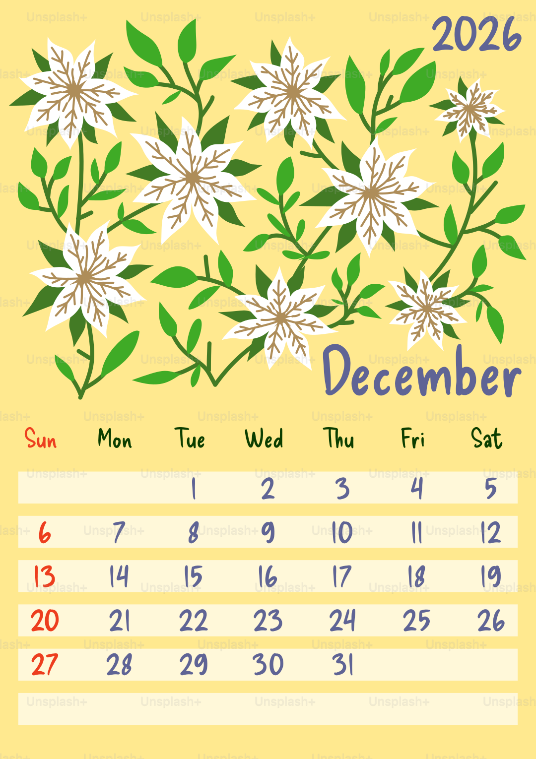 December 2026 calendar with floral design vector – Flower Image on Unsplash